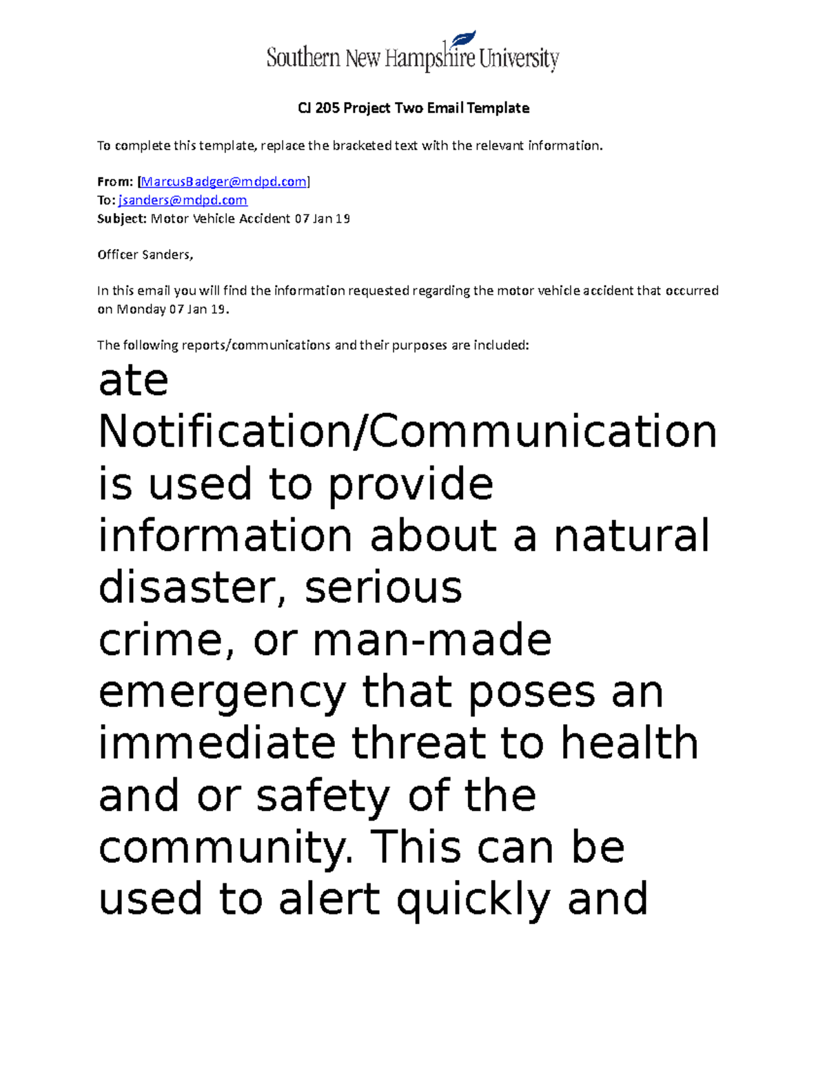 CJ 205 Project Two Email Template - From: To: jsanders@mdpd ...