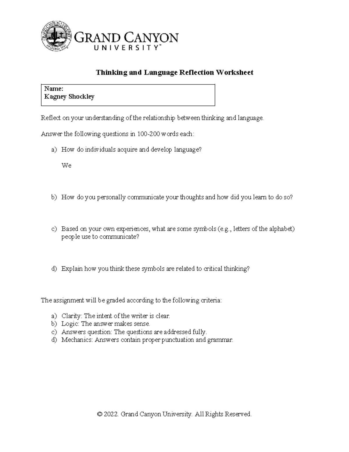 Thinking and Language Reflection Worksheet - Thinking and Language ...