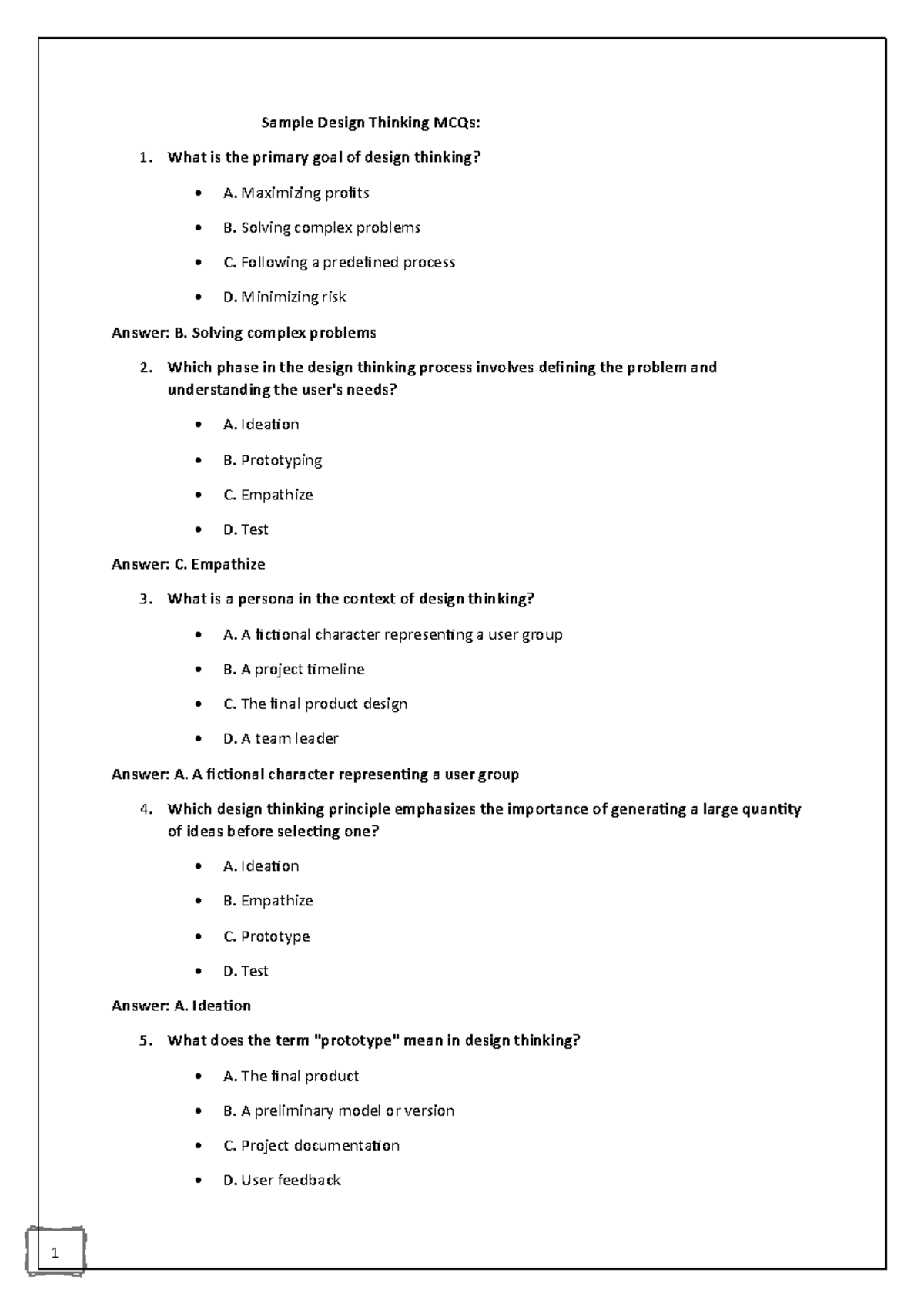 IDT Practice Set - Notes - Sample Design Thinking MCQs: 1. What is the ...