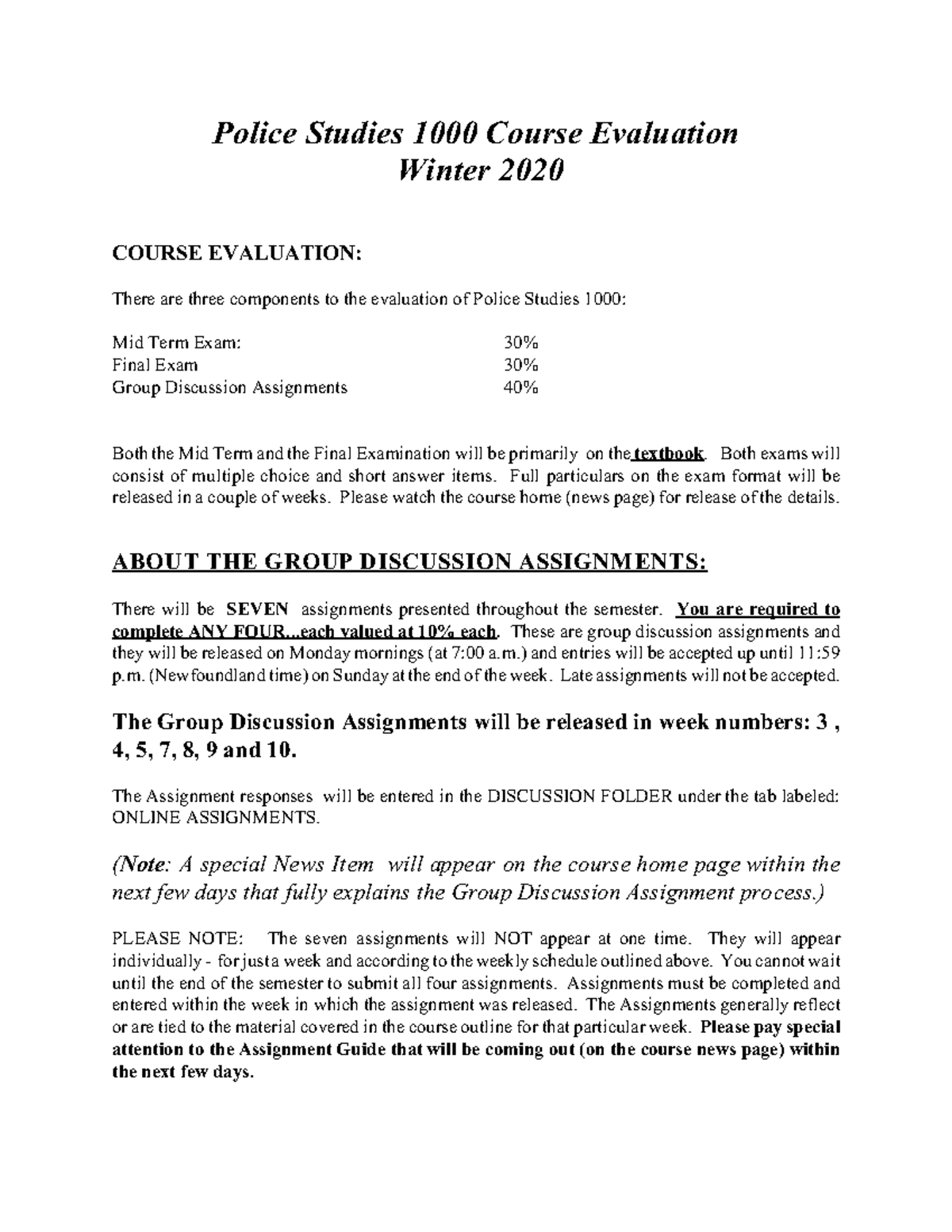 Course Evaluations Chart 2020 Police Studies 1000 Course Evaluation