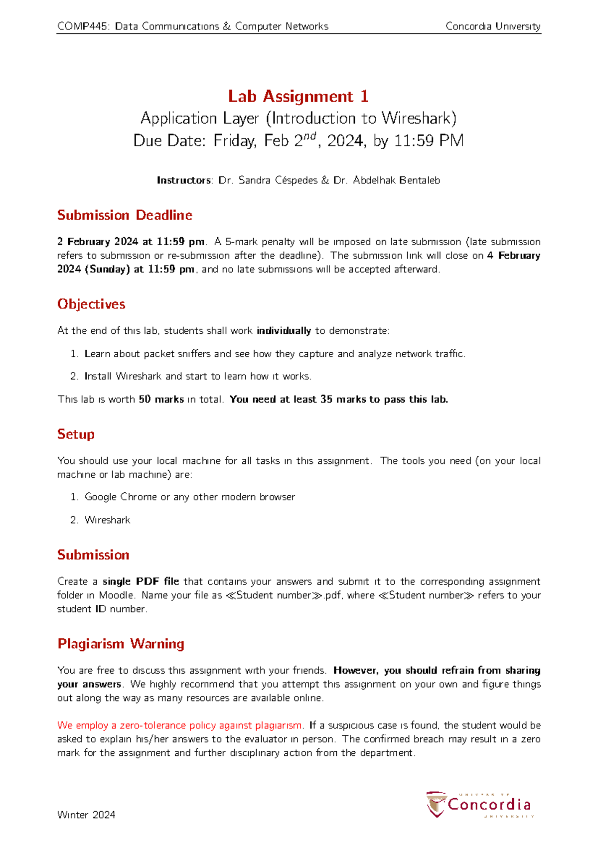 COMP445 Lab1 Wireshark W24-1 - COMP445: Data Communications & Computer Networks Concordia - Studocu