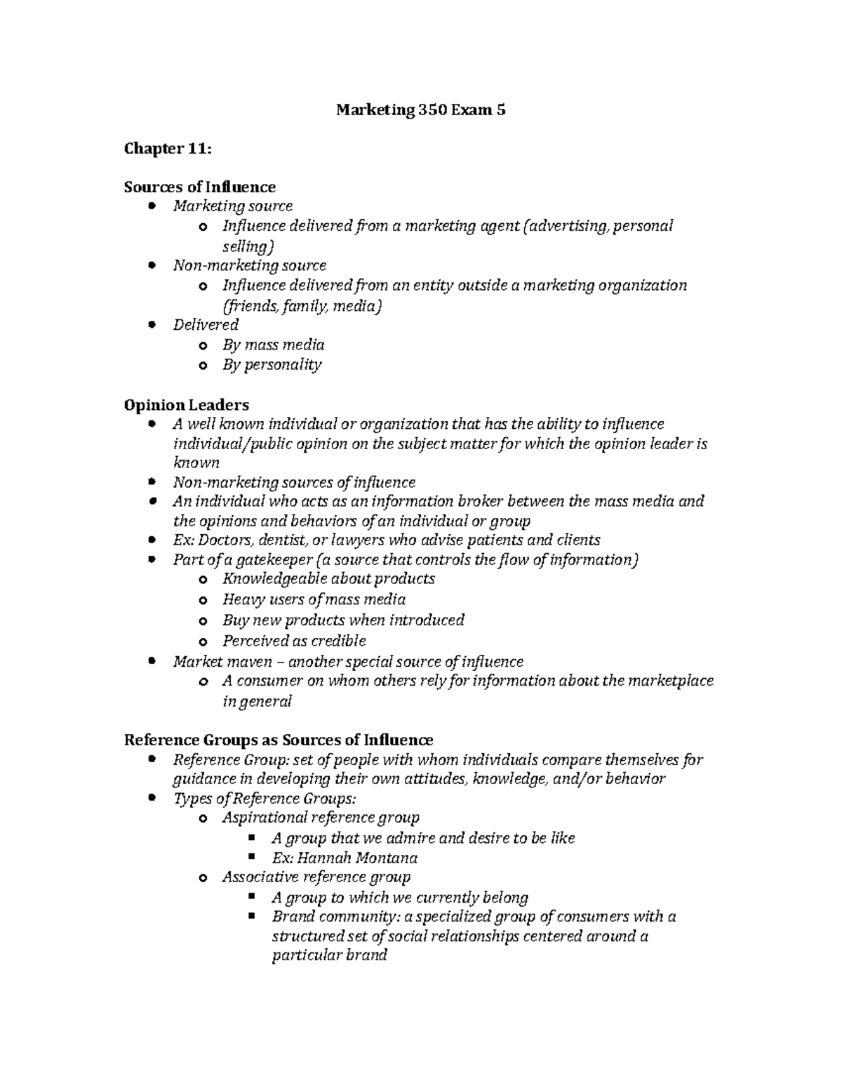 Marketing 350 Exam 5 Study Guide - Marketing 350 Exam 5 Chapter 11: Sources of Influence ...