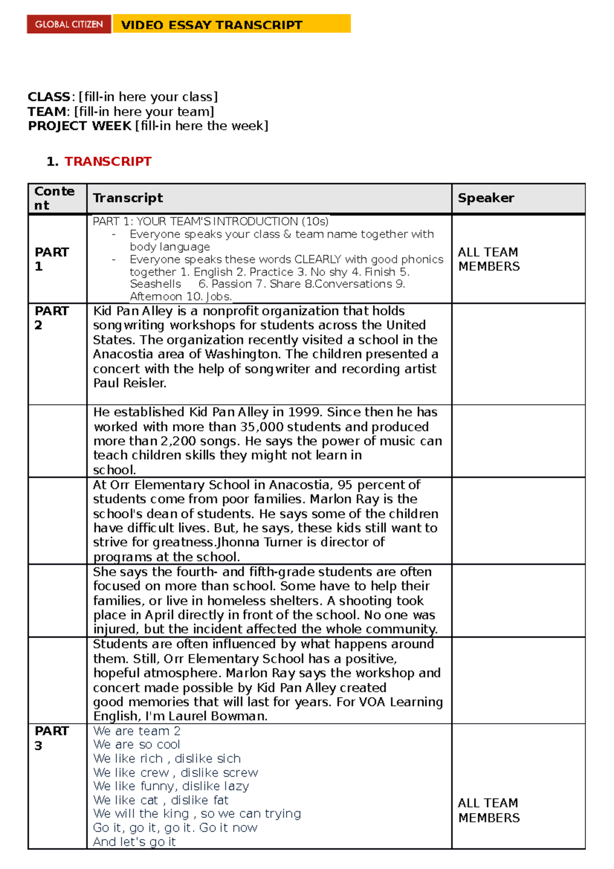 [Class] - [Team] Transcript - CLASS: [fill-in here your class] TEAM: [fill-in here your team ...