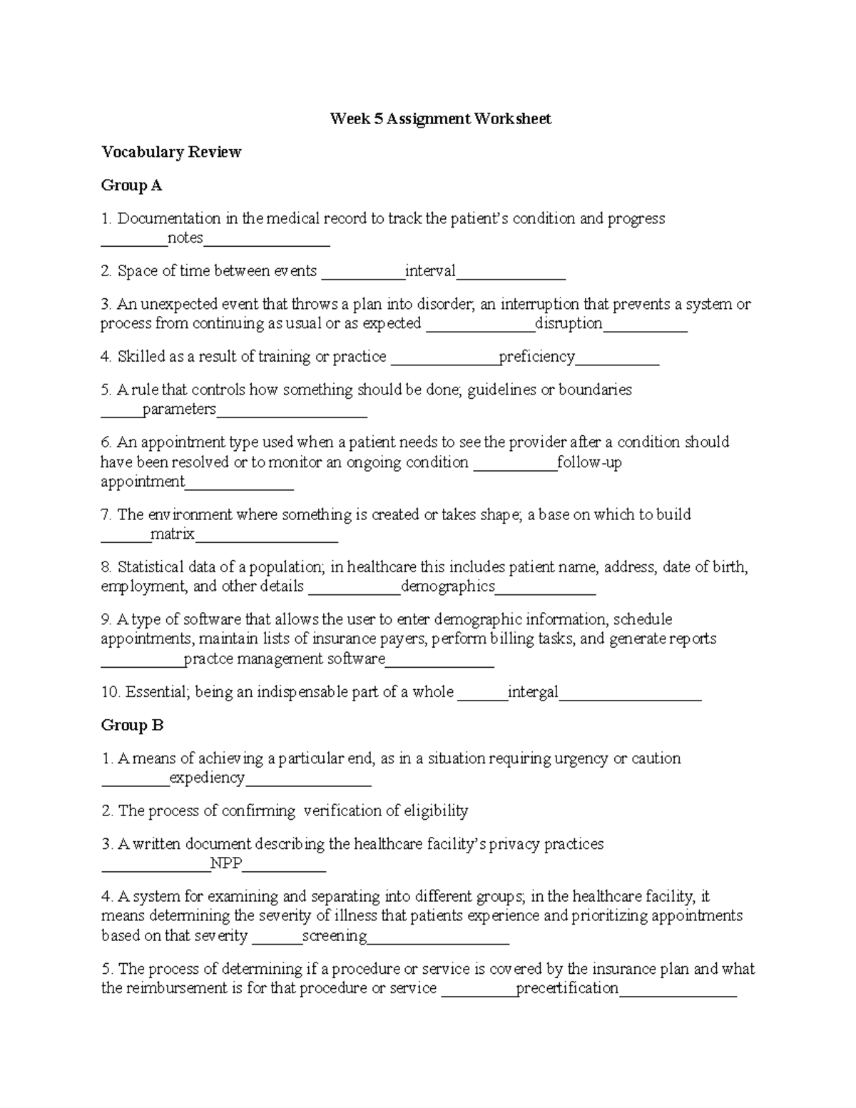 Week 5 Assignment Worksheet - Week 5 Assignment Worksheet Vocabulary ...