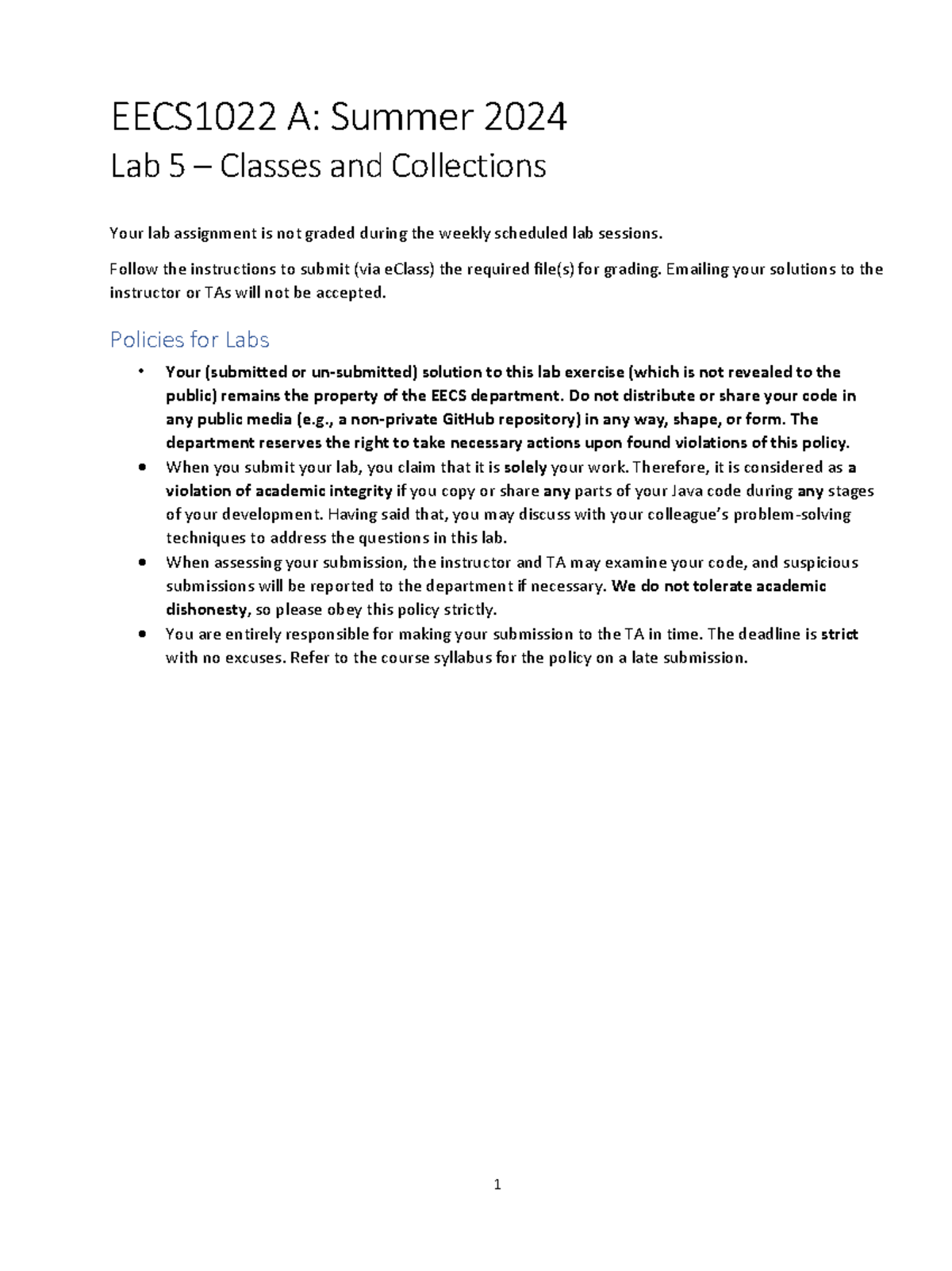 Lab5-1 - Practise materials - 1 EECS1022 A: Summer 2024 Lab 5 – Classes and Collections Your lab ...
