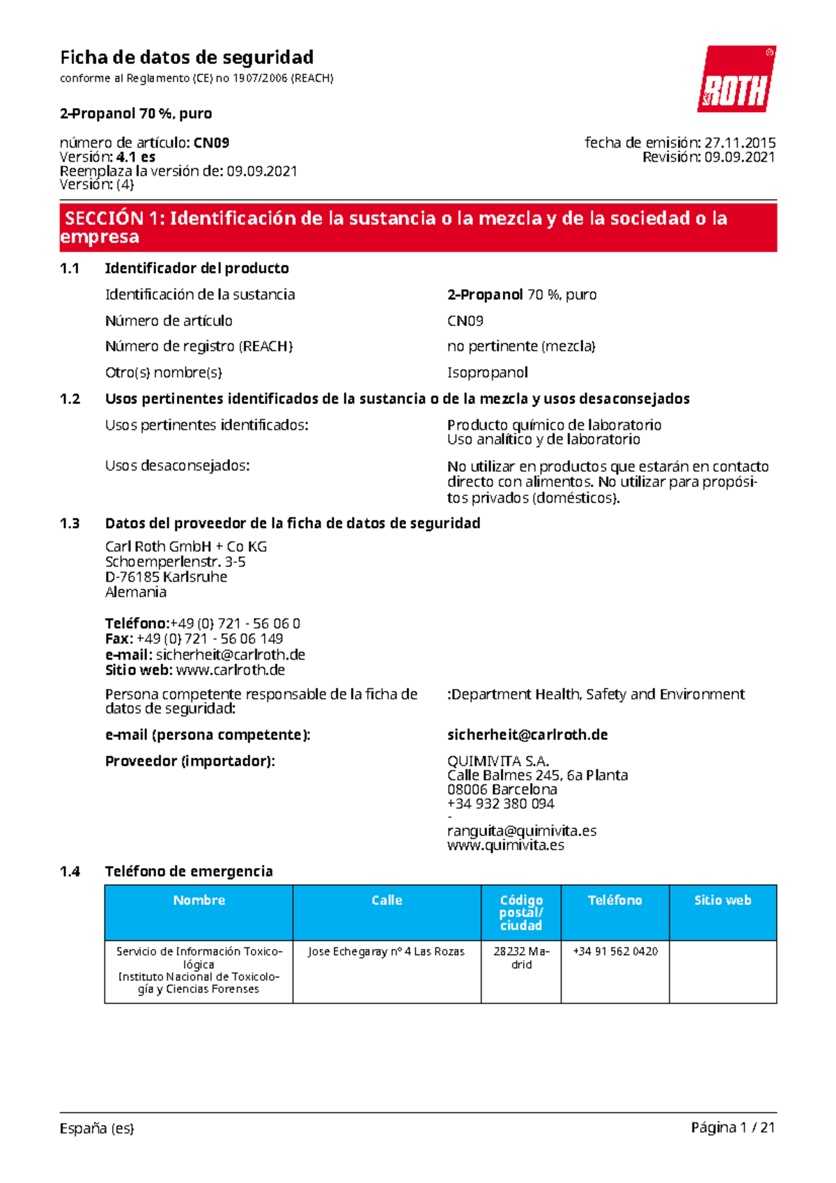 Isopropanol - ficha de seguridad - SECCIÓN 1: Identificación de la ...