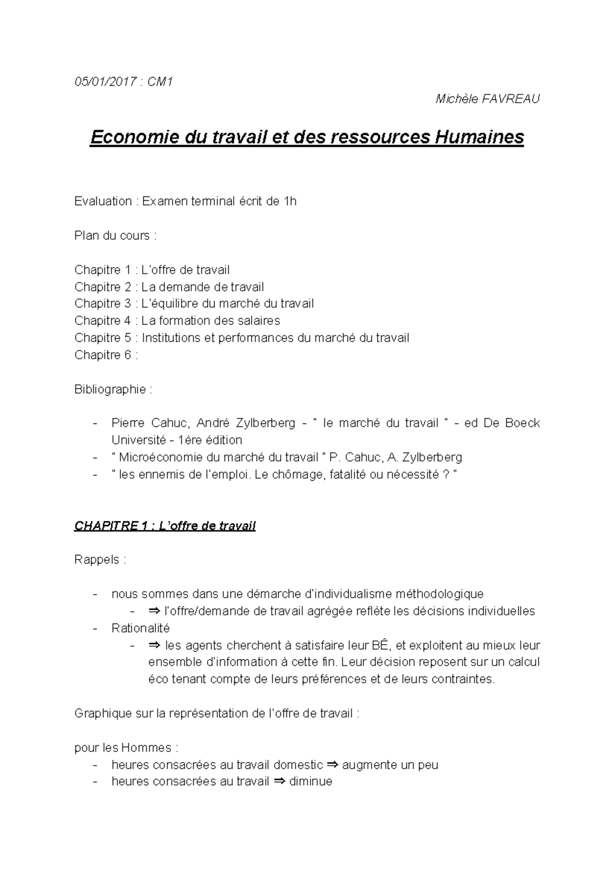 Economie du travail et des ressources humaines - 05/01/2017 : CM1 ...