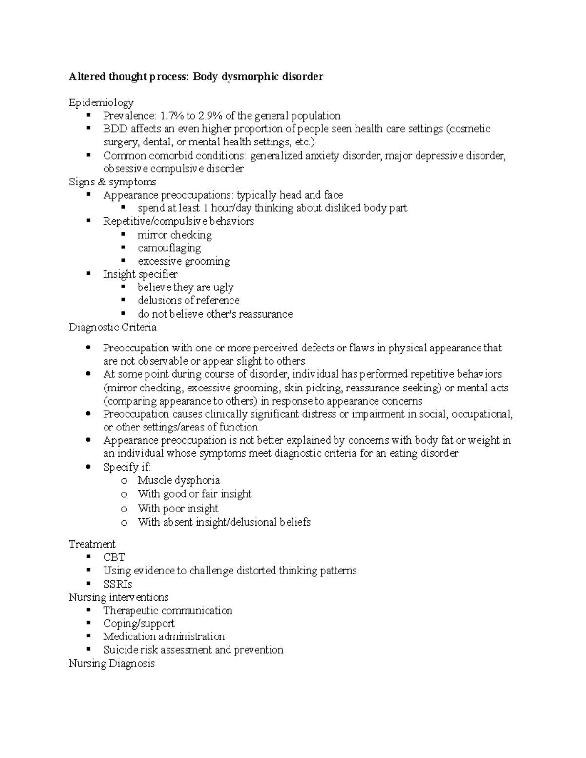 Body Dismorphia Study Guide - Altered thought process: Body dysmorphic ...