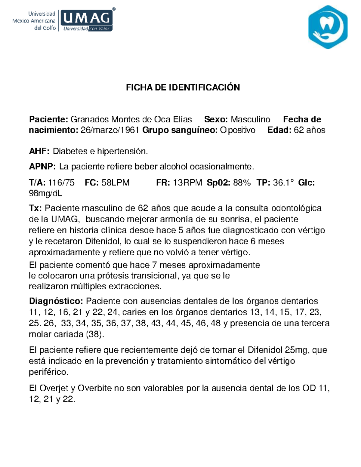 PLAN DE TX Prótesis Removible PX Elías Granados Montes DE OCA - FICHA ...