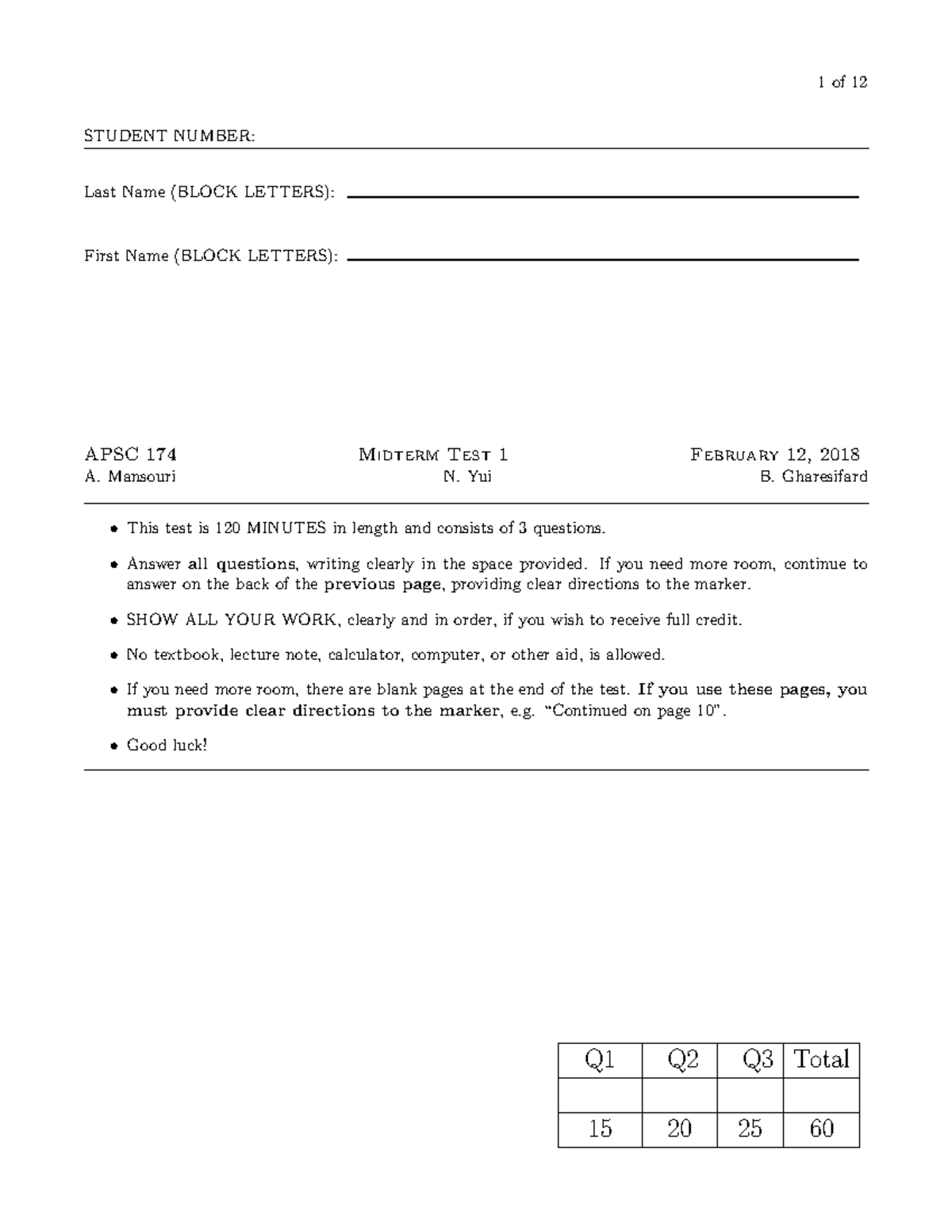 Midterm 1 12 February 2018, questions and answers - STUDENT NUMBER ...