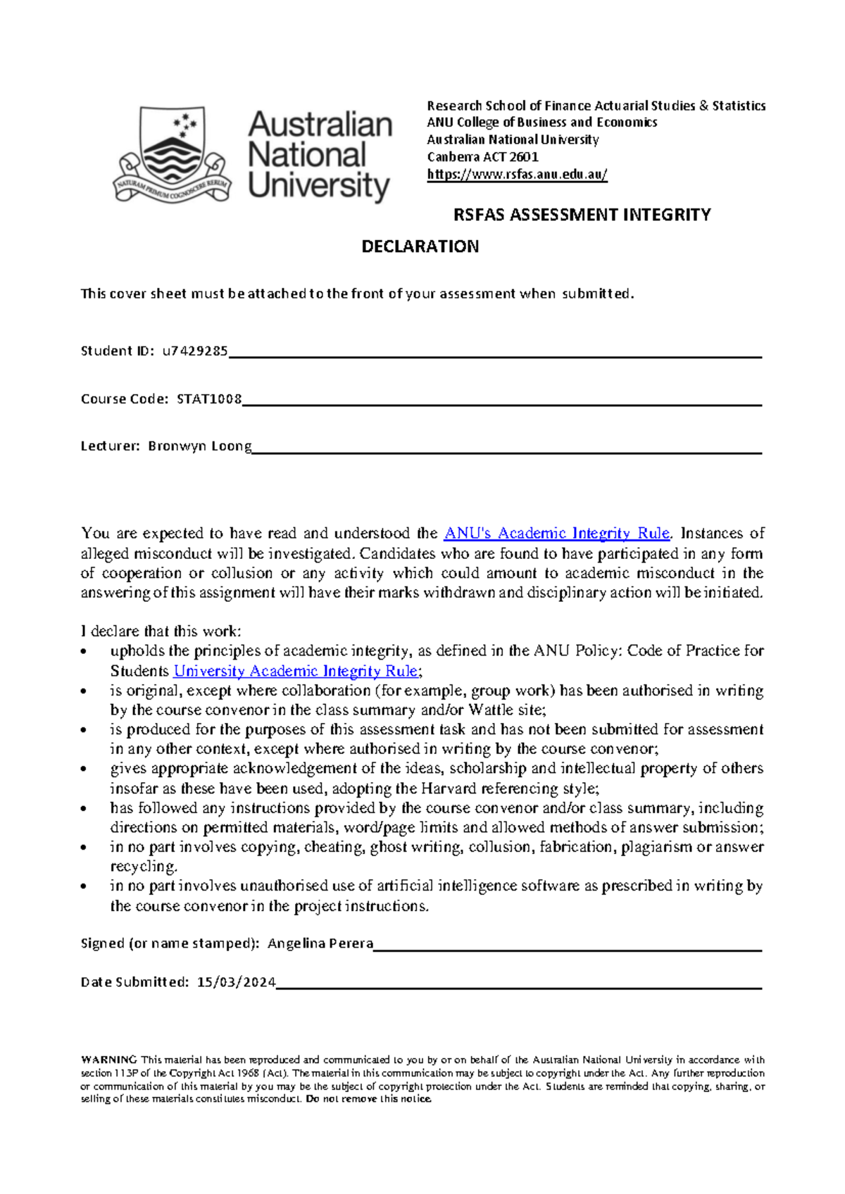 STAT1008 Assignment - WARNING This material has been reproduced and ...