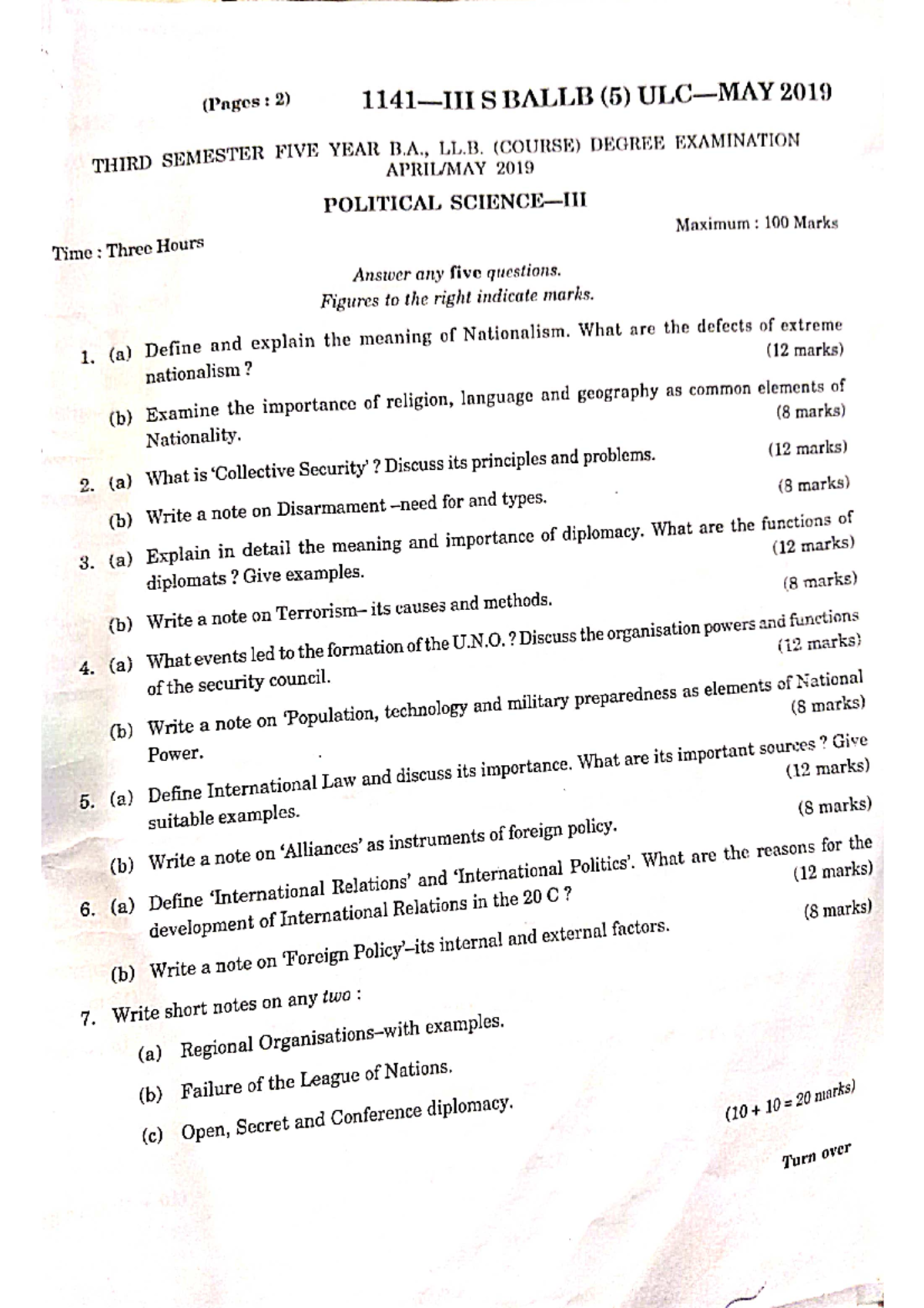 3rd Sem Question Paper - (Pages : 2) SBALLB (5) 2019 THIRD SEMESTER ...