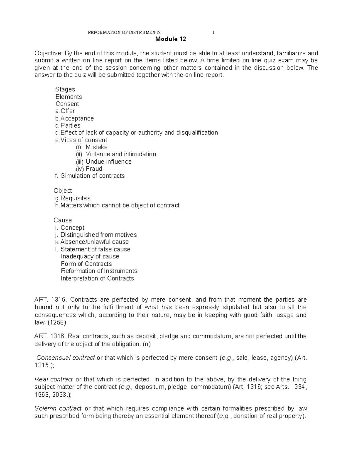 Module 12 Law On Obligations And Contracts Module 12 Objective By The End Of This Module The