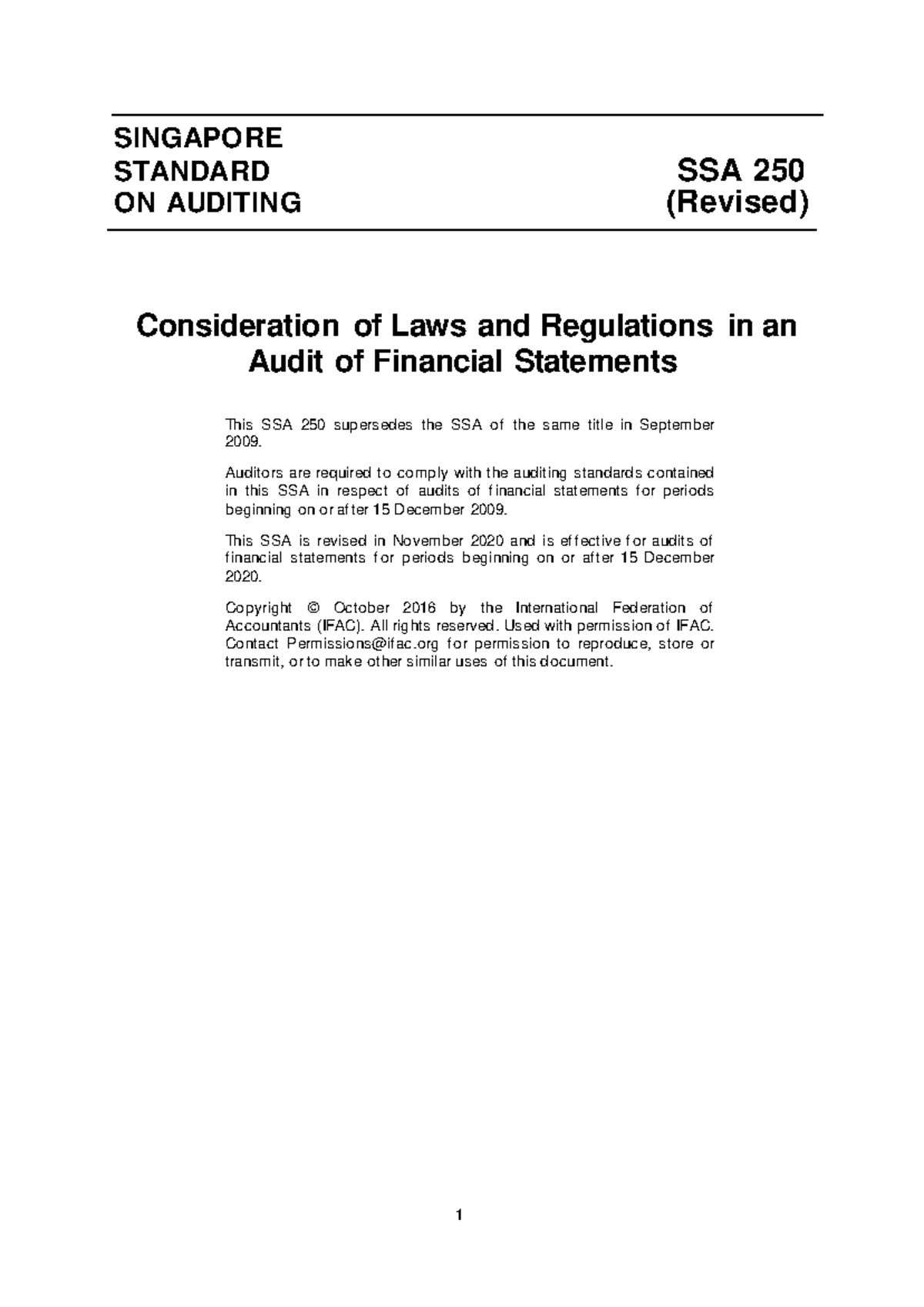 SSA 250 - Notes - SINGAPORE STANDARD SSA 250 ON AUDITING (Revised ...