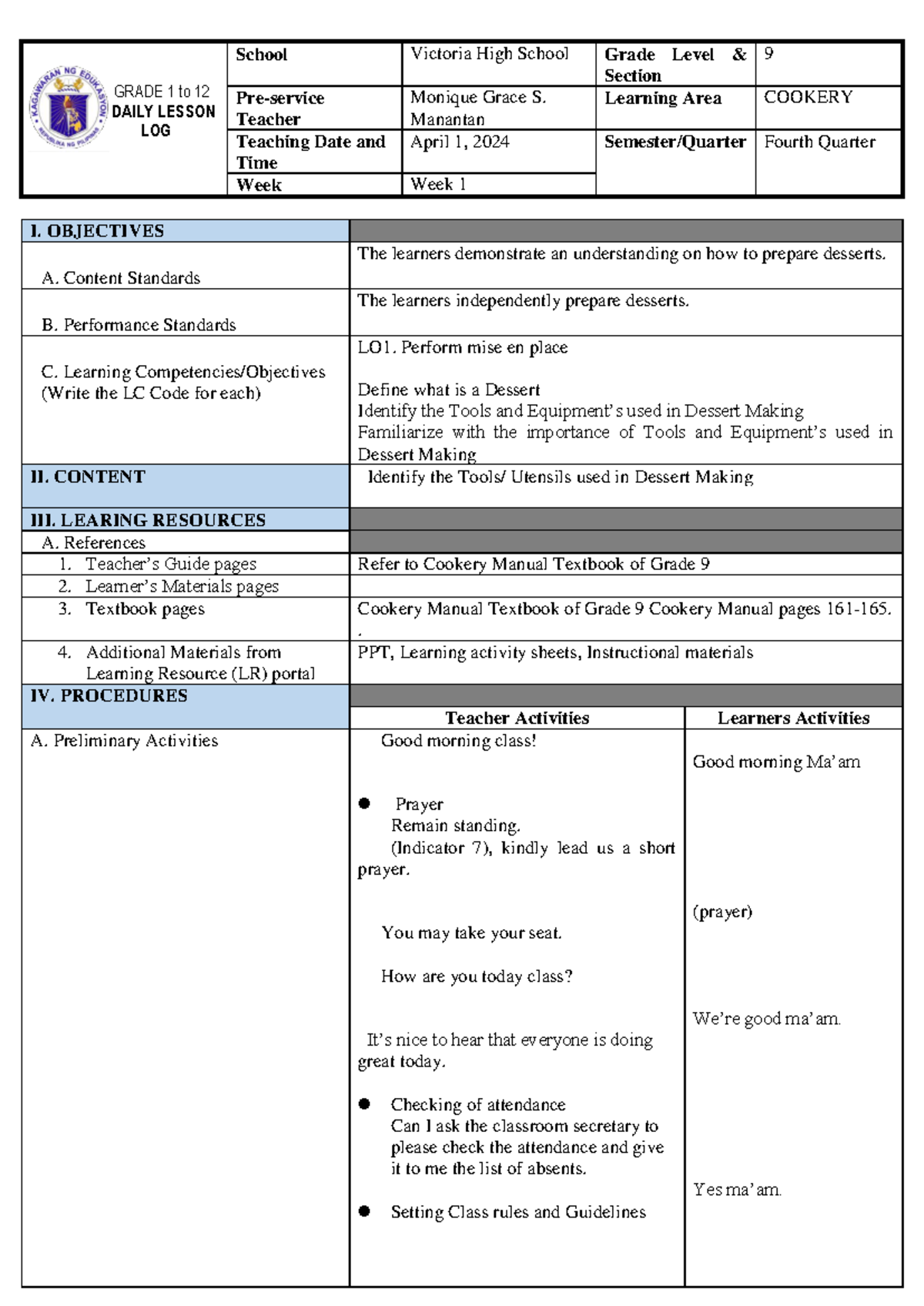 Tools AND Equipment IN Making Desserts - GRADE 1 to 12 DAILY LESSON LOG ...