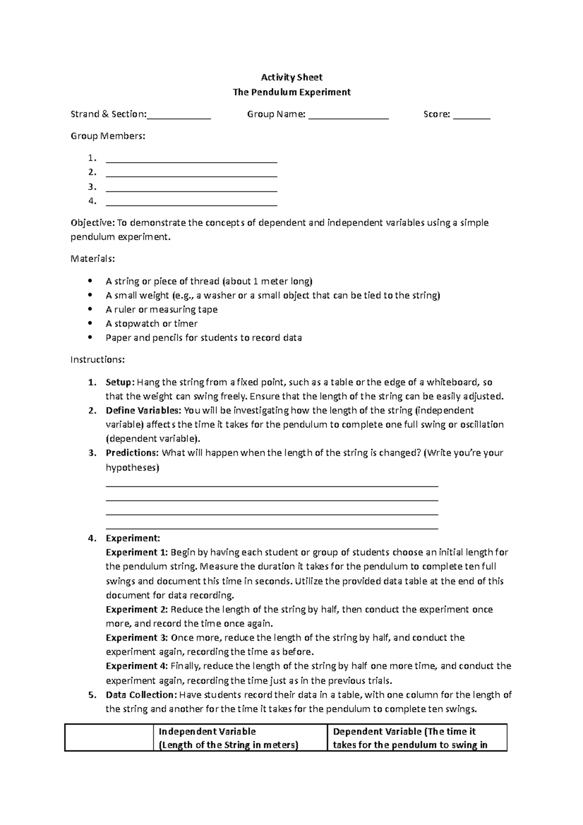 Activity-Sheet-Pendulum - Activity Sheet The Pendulum Experiment Strand ...