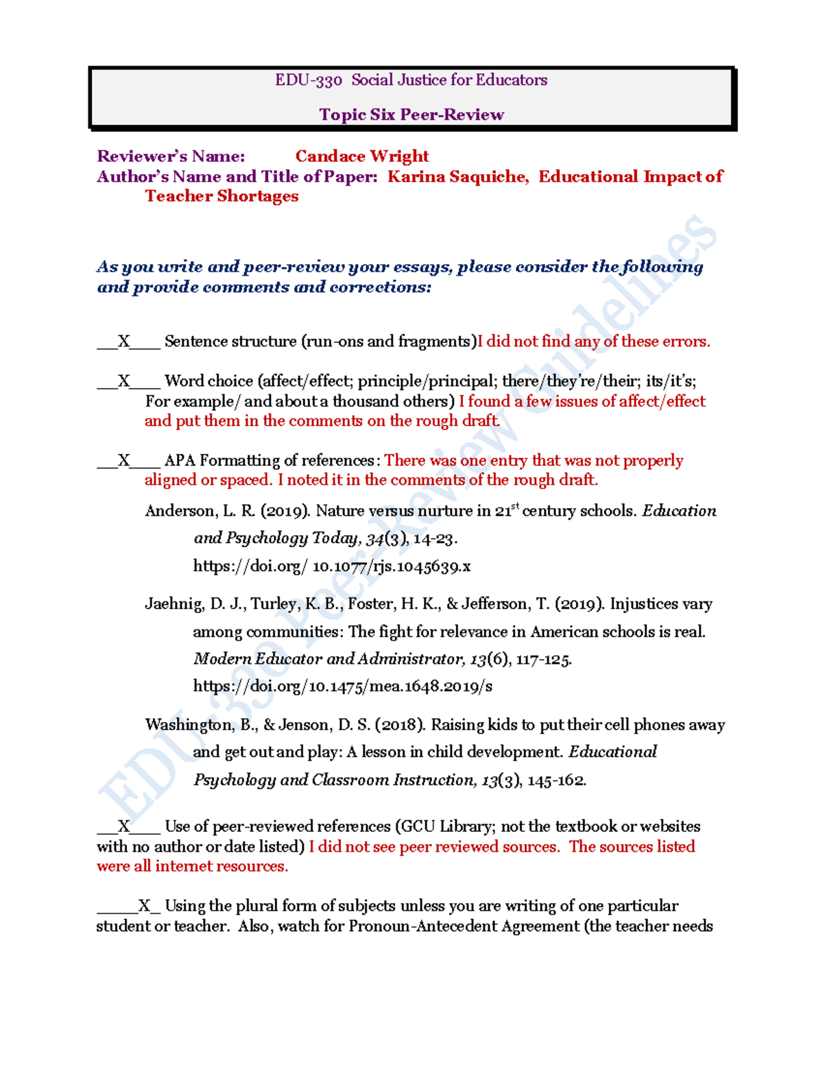 EDU-330 Topic Six Peer Review Guide - EDU-330 Social Justice for ...