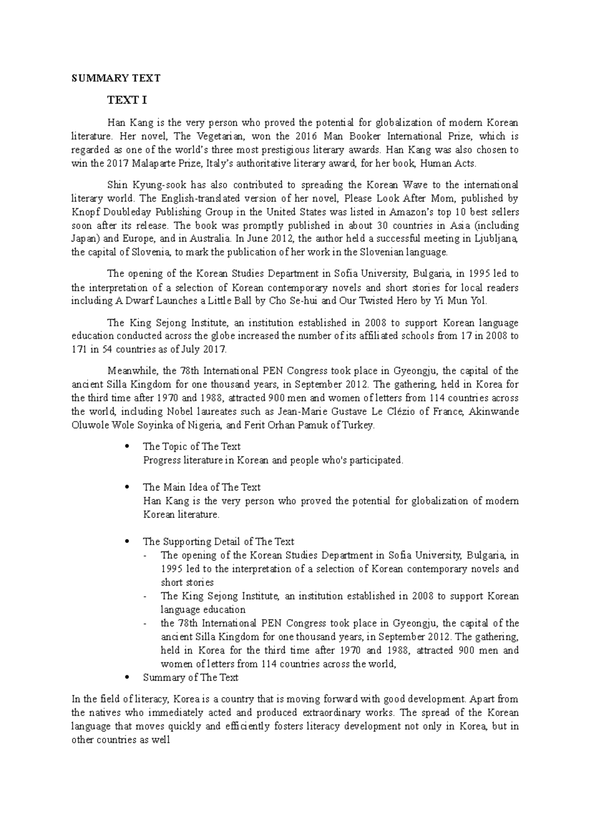 Summary Text - An example for the subject "Reading" for 1st Semester ...