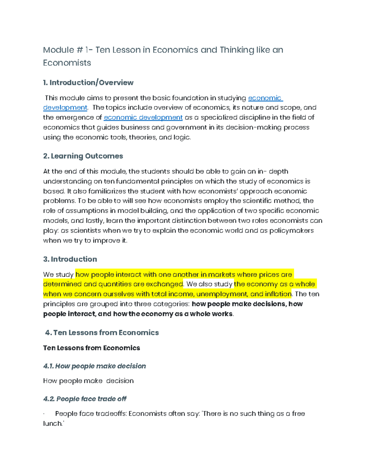 AE12 Economic Development - Module # 1- Ten Lesson in Economics and ...