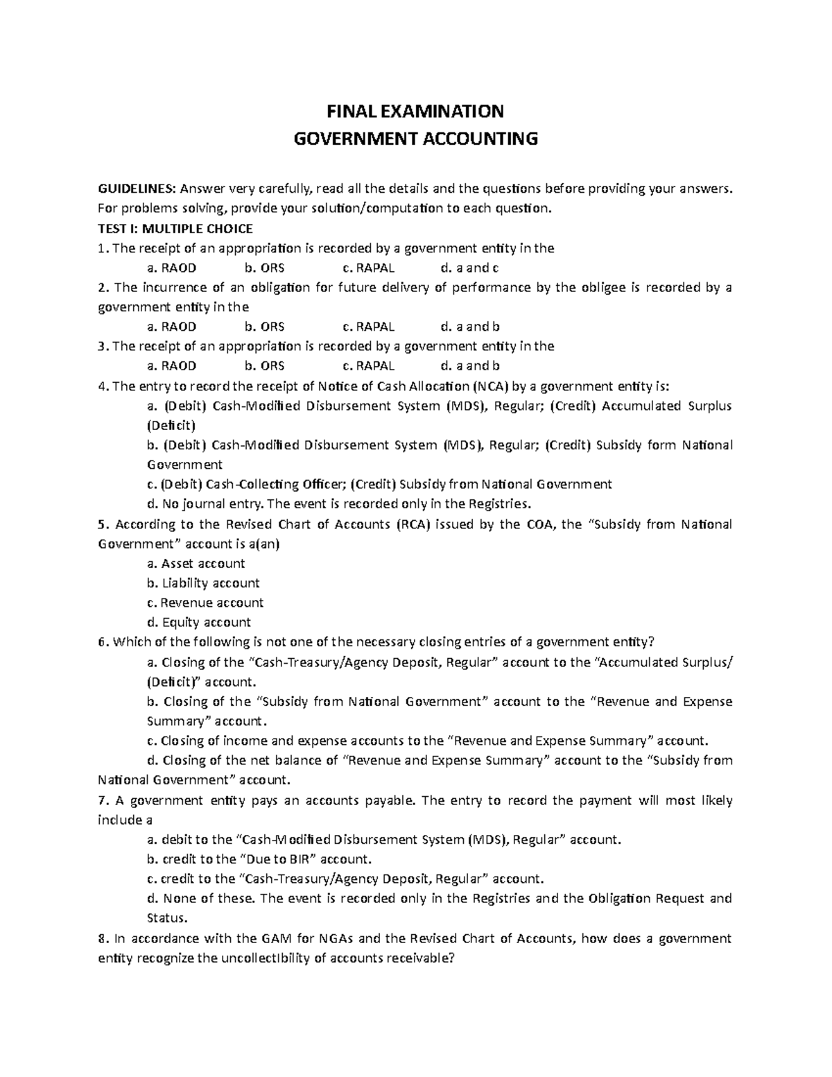 Government Accounting - Test questionnaires - examination - FINAL ...
