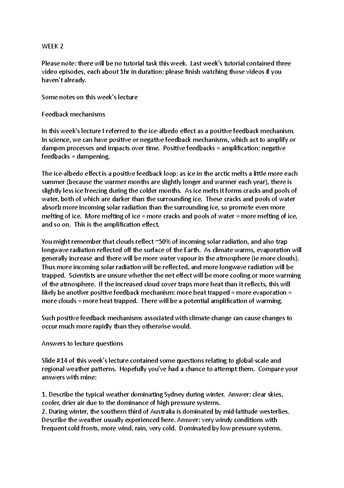 Climate Change Tutorial Work - WEEK 2 Please note: there will be no ...