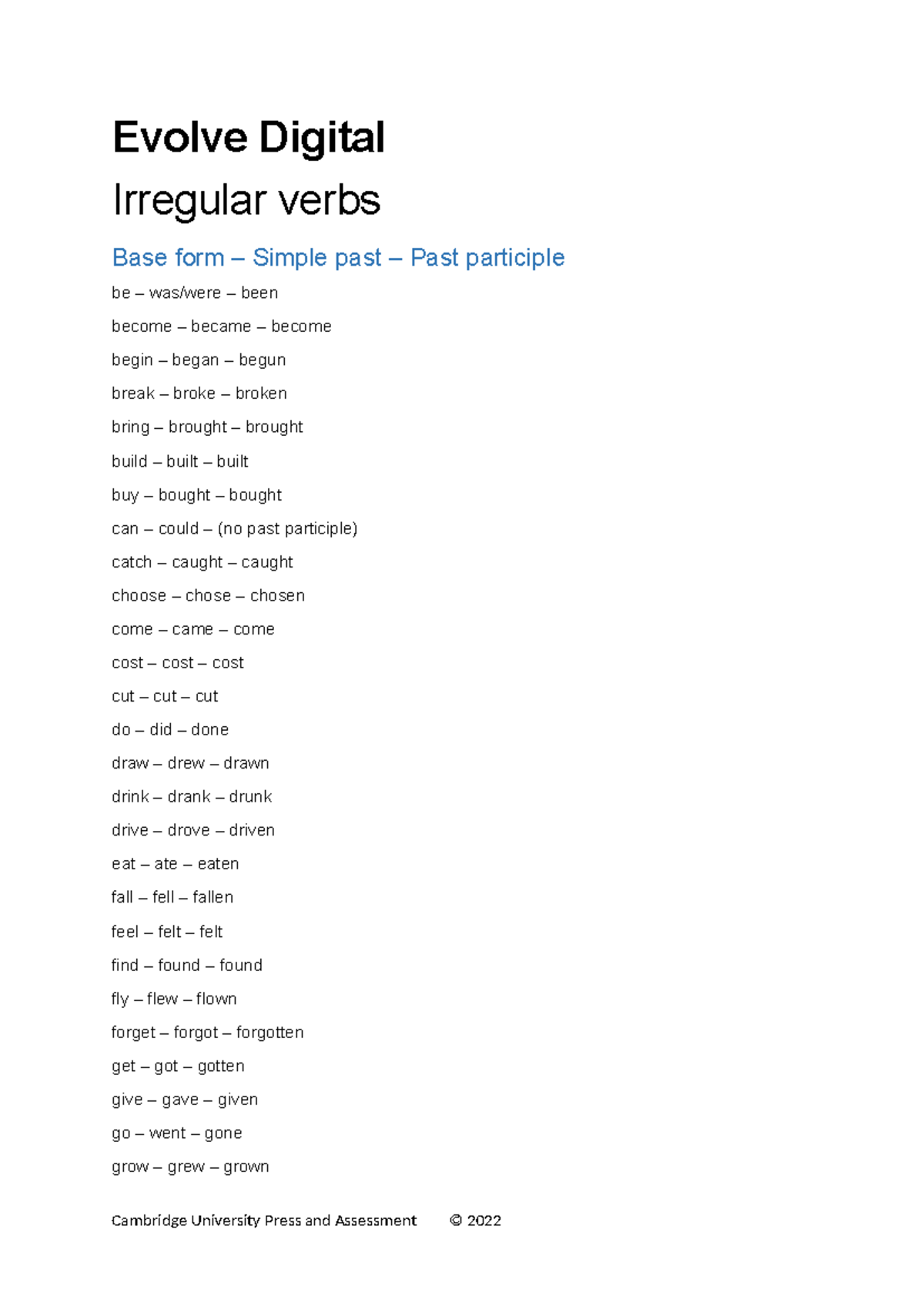 Evolve Digital Level 3 Irregular verbs list - Evolve Digital Irregular ...