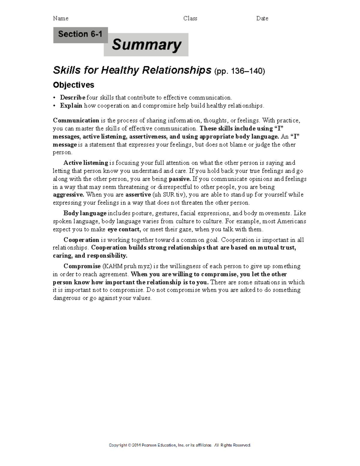 NTG 6-1 note taking guide - Skills for Healthy Relationships (pp. 136 ...