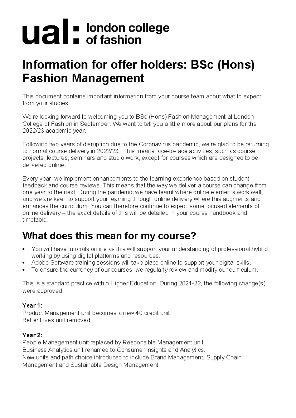 BSc Hons Fashion Management offer holder info 2022 23 - Information for offer holders: BSc (Hons ...