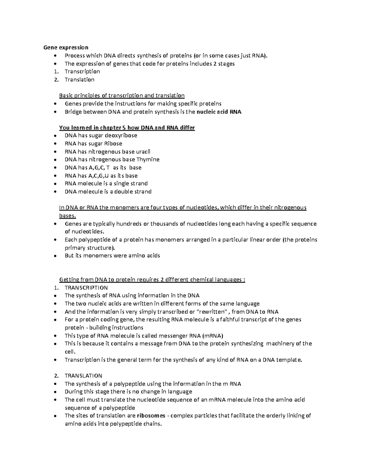 Section 9 summary - Gene expression Process which DNA directs synthesis ...