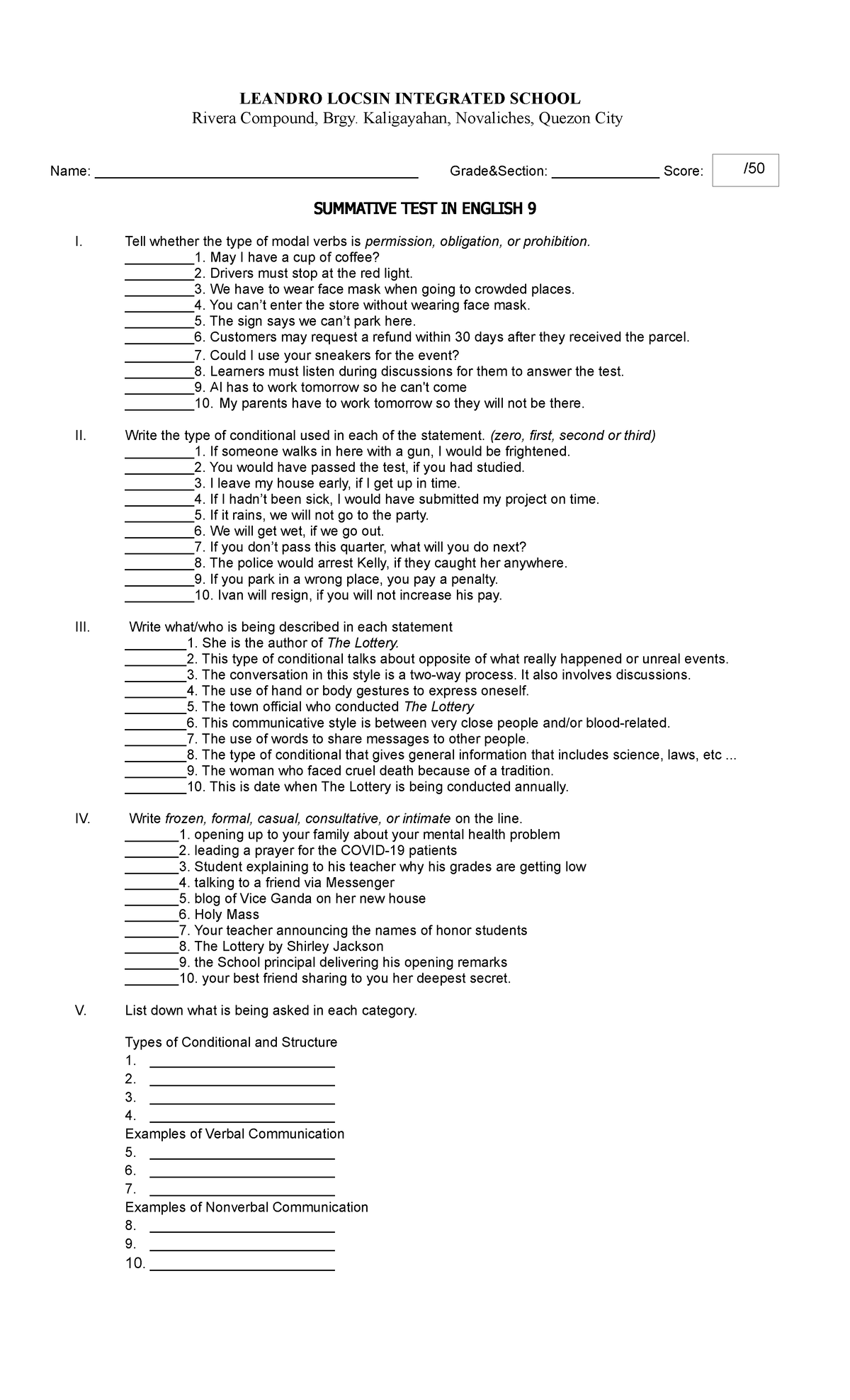 Summative test in English 9 - LEANDRO LOCSIN INTEGRATED SCHOOL Rivera ...