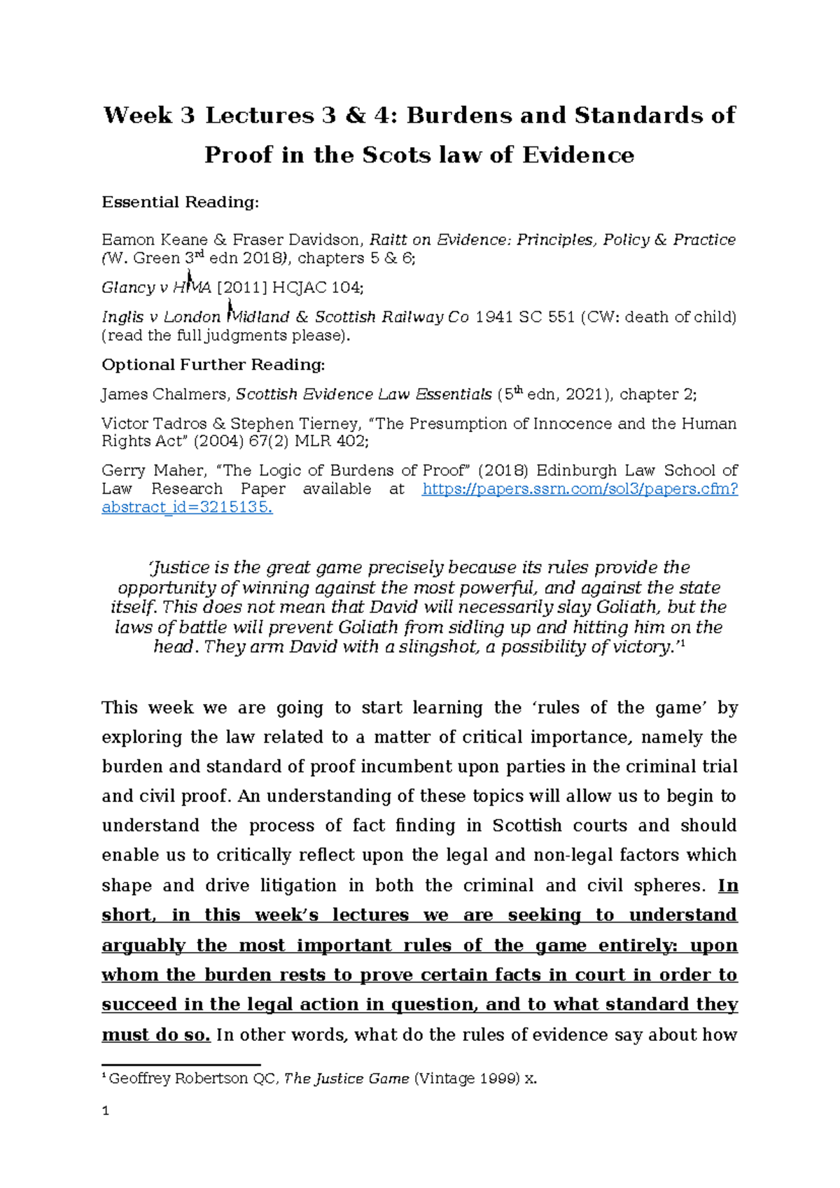 Lecture Guide - Week 3 - Week 3 Lectures 3 & 4: Burdens and Standards ...