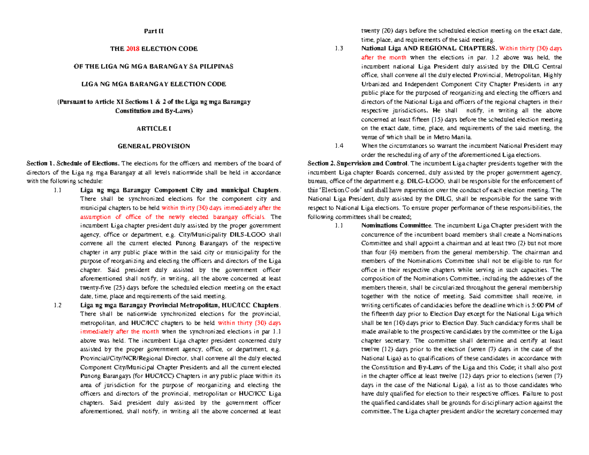 Ln B Election Code 2018 - Part II THE 2018 ELECTION CODE OF THE LIGA NG ...