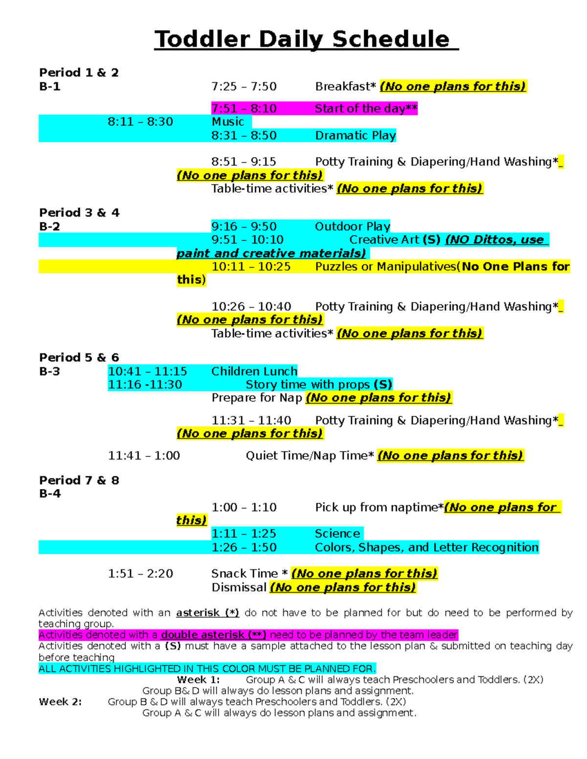 Toddler Daily Schedule - Toddler Daily Schedule Period 1 & 2 B-1 7:25 ...