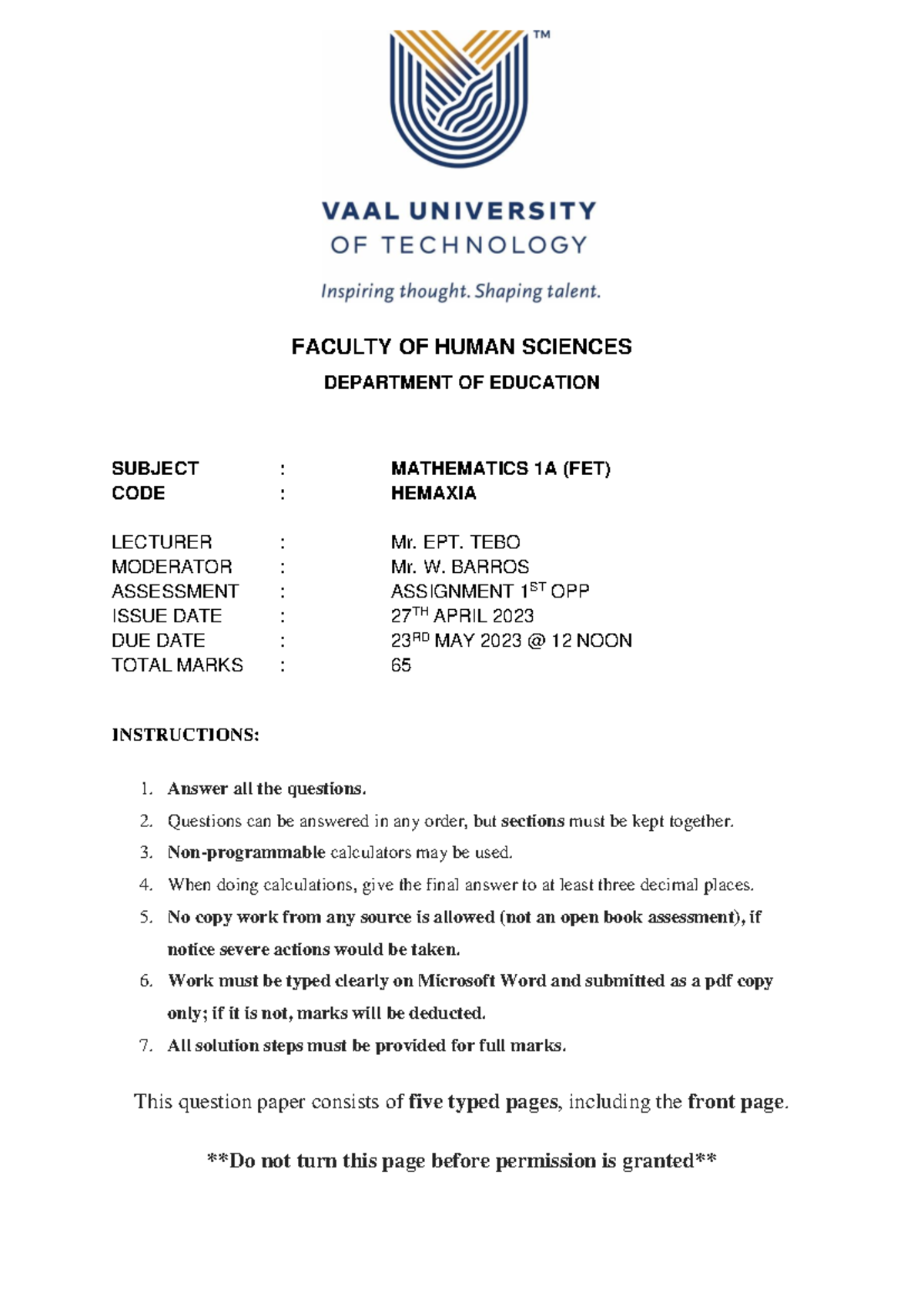 Mathematics FET 1 2023 Assignment 1st Opp - FACULTY OF HUMAN SCIENCES ...
