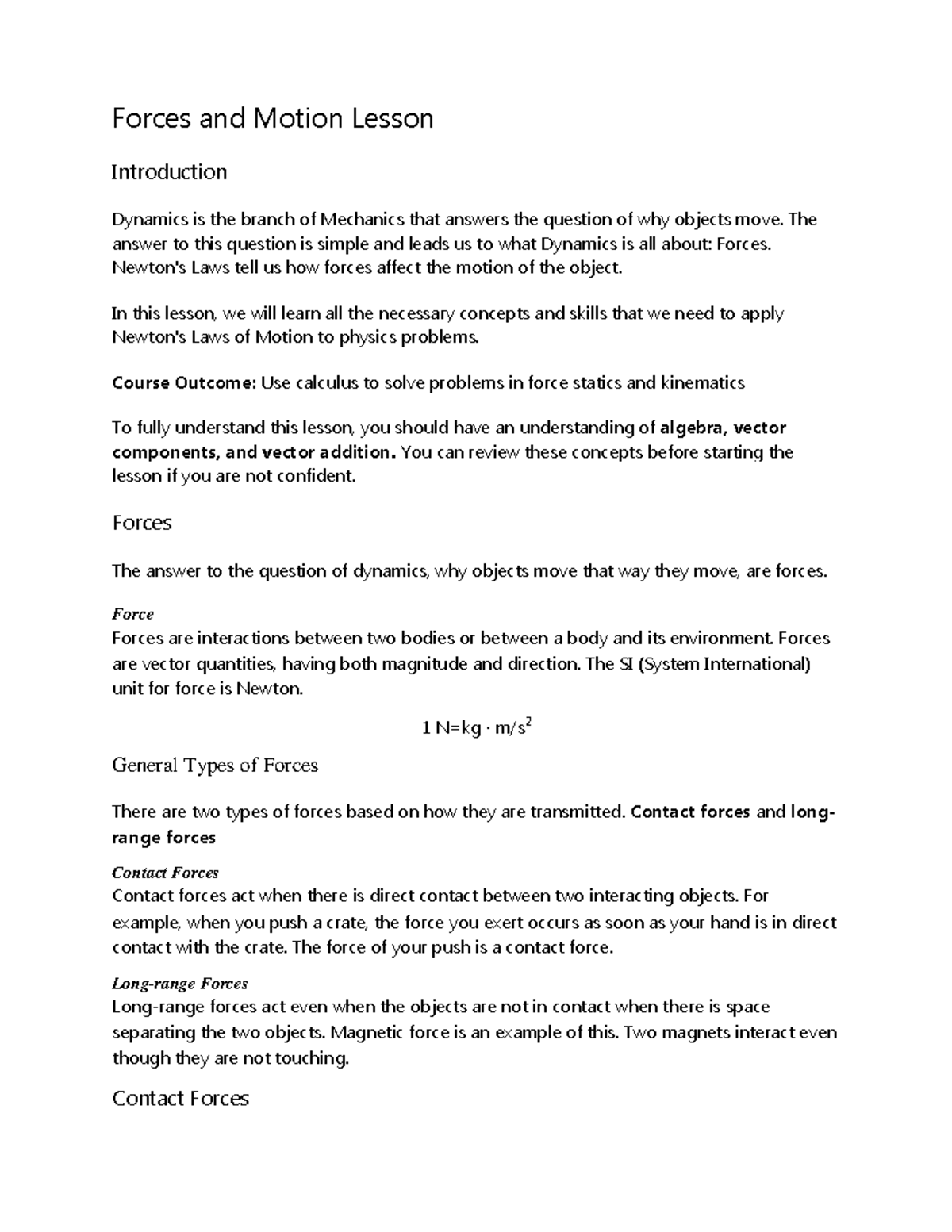 Forces and Motion Lesson - Forces and Motion Lesson Introduction ...