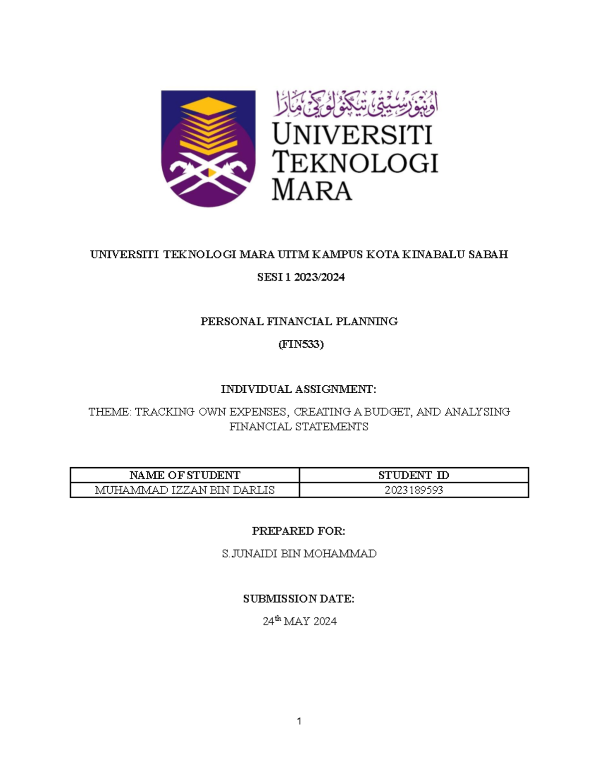 FIN533 ( Individual Assignment) - Bachelor in Business Administration ...