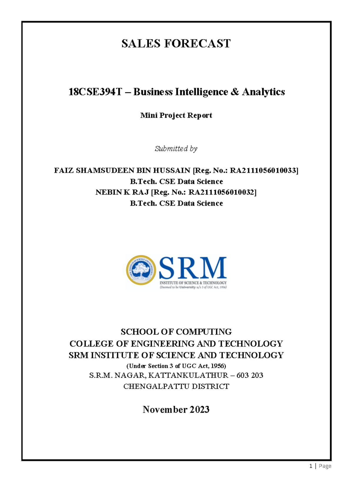 BIA Final Report - SALES FORECAST 18CSE394T – Business Intelligence ...