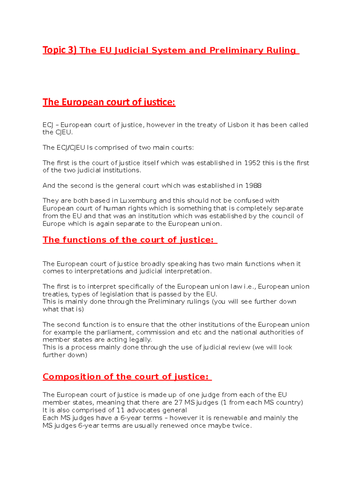 Topic 3 - EU LAW - eu notes - Topic 3) The EU Judicial System and ...