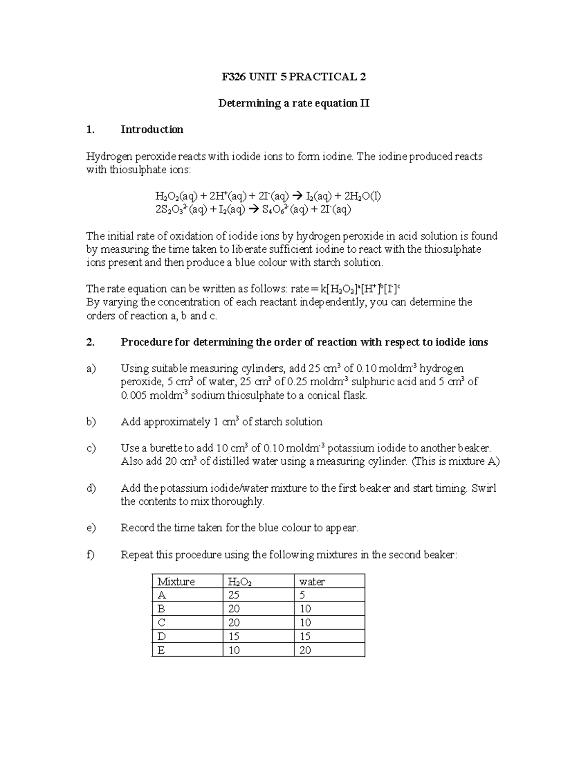 Unit 5 practical 2 - orders of reaction ii - F326 UNIT 5 PRACTICAL 2 Determining a rate equation ...
