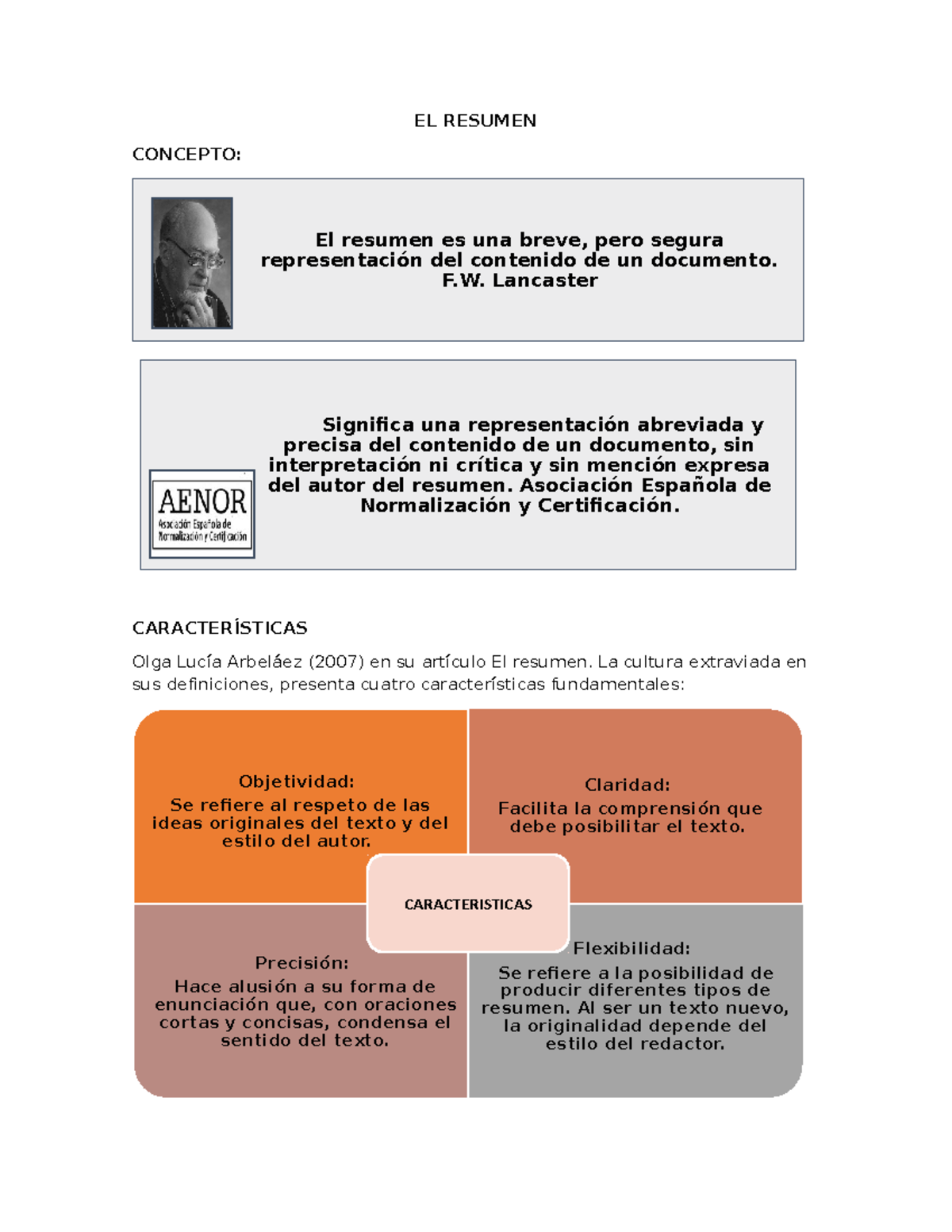 Material Estudio. Resumen - EL RESUMEN CONCEPTO: CARACTERÍSTICAS Olga Lucía Arbeláez (2007) en ...