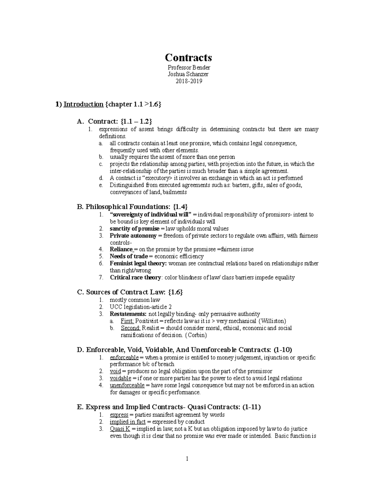 Contracts - Bender Outline 2 - Contracts Professor Bender Joshua ...
