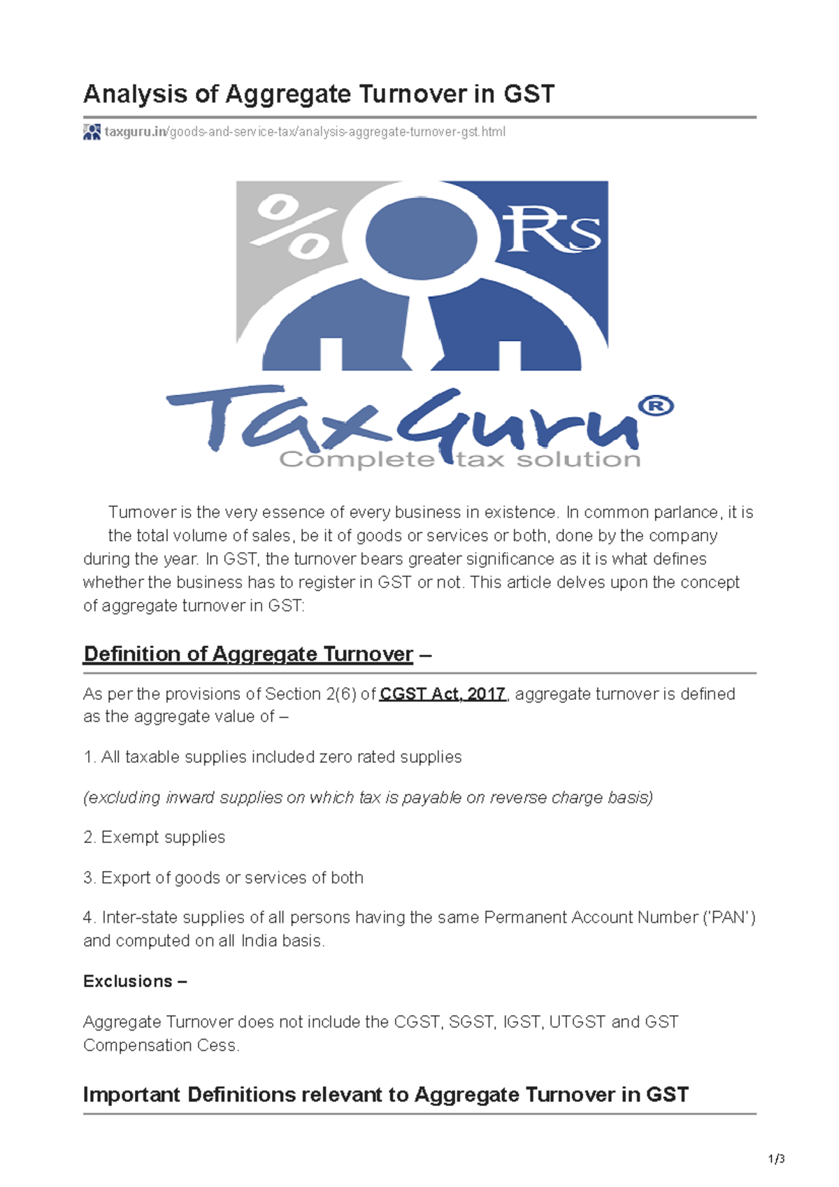 Aggregate Turnover in GST - 1/ Analysis of Aggregate Turnover in GST ...