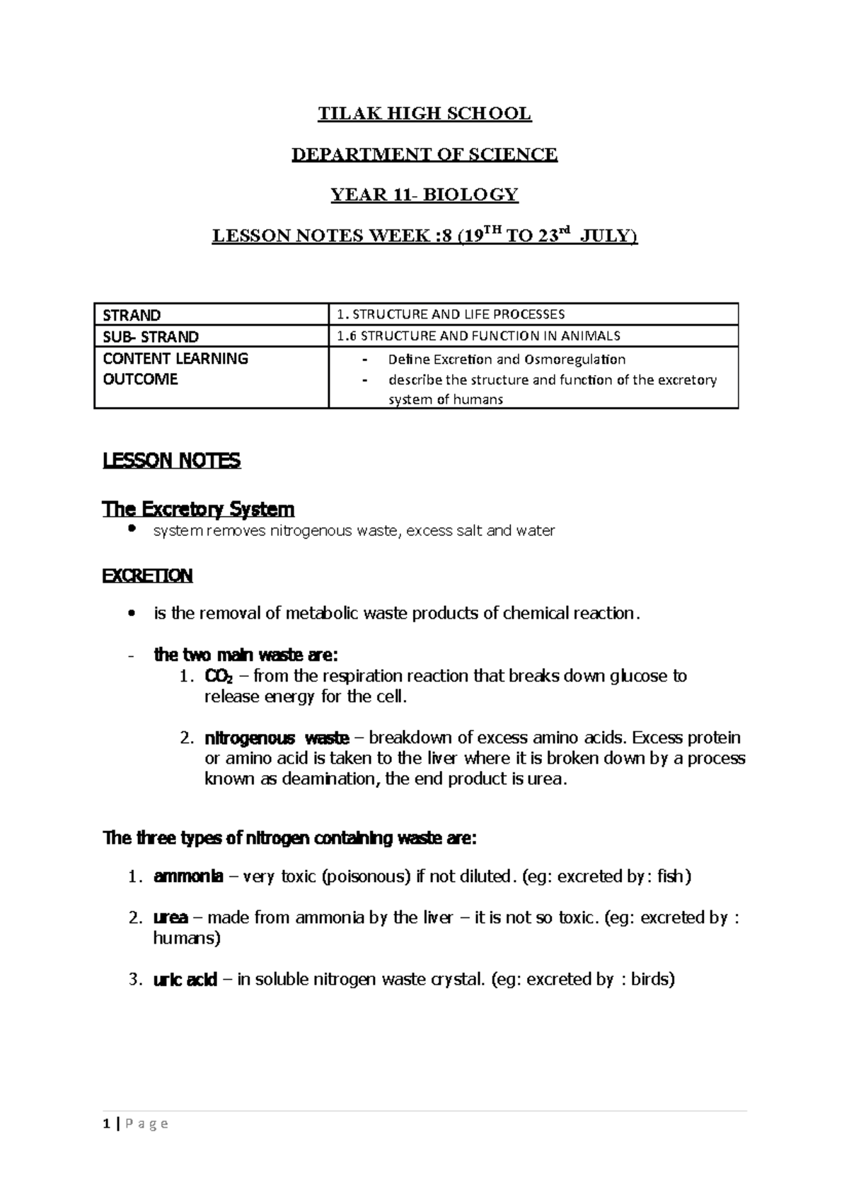 YR 11 Biology... excretion - TILAK HIGH SCHOOL DEPARTMENT OF SCIENCE ...