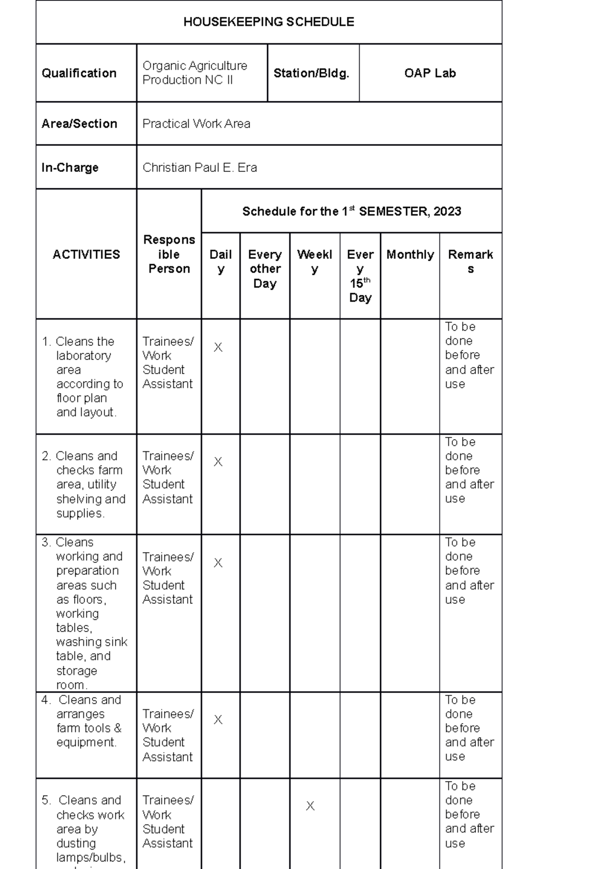ERA-MTF-1- Housekeeping Schedule - HOUSEKEEPING SCHEDULE Qualification ...
