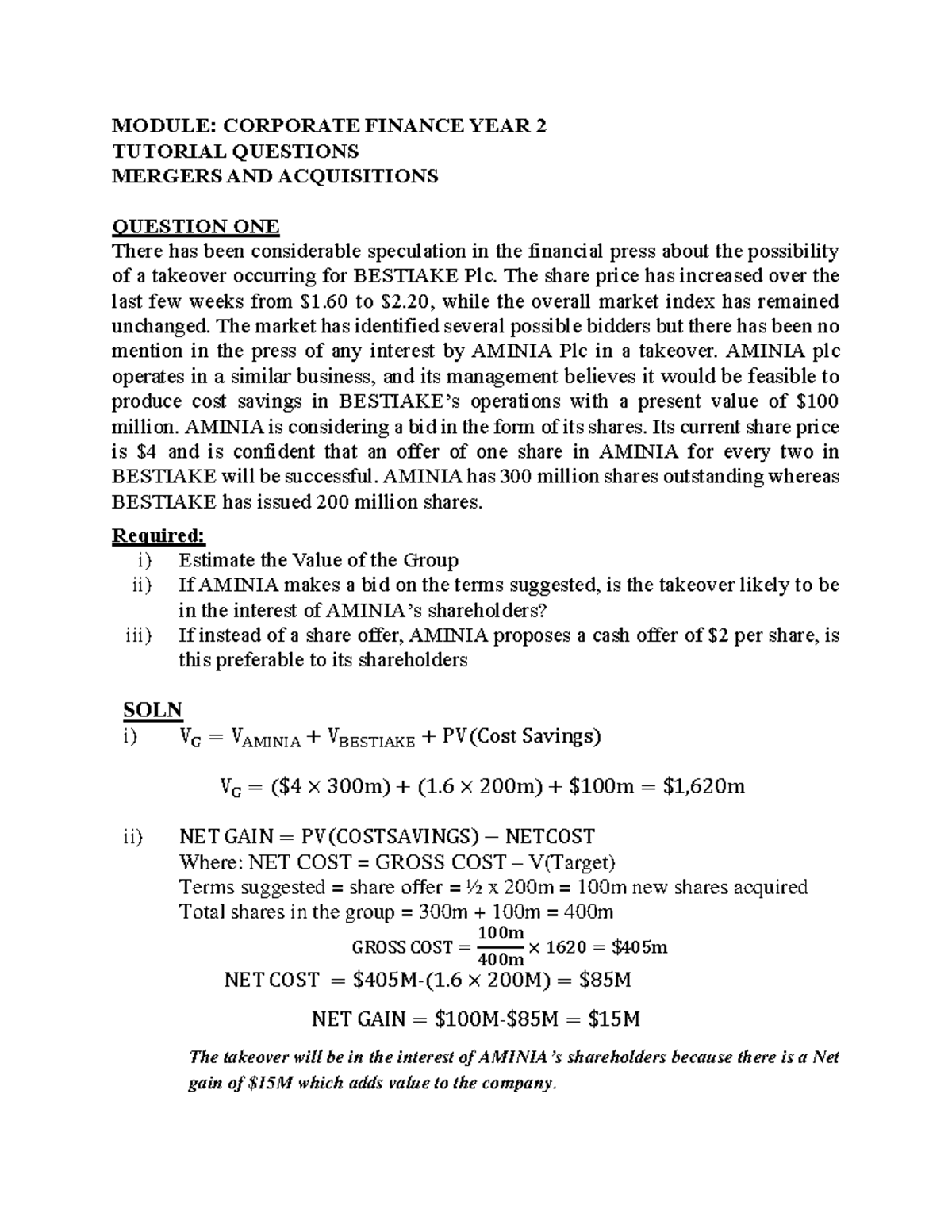 M&A Tutorials-SOLN - MODULE: CORPORATE FINANCE YEAR 2 TUTORIAL ...