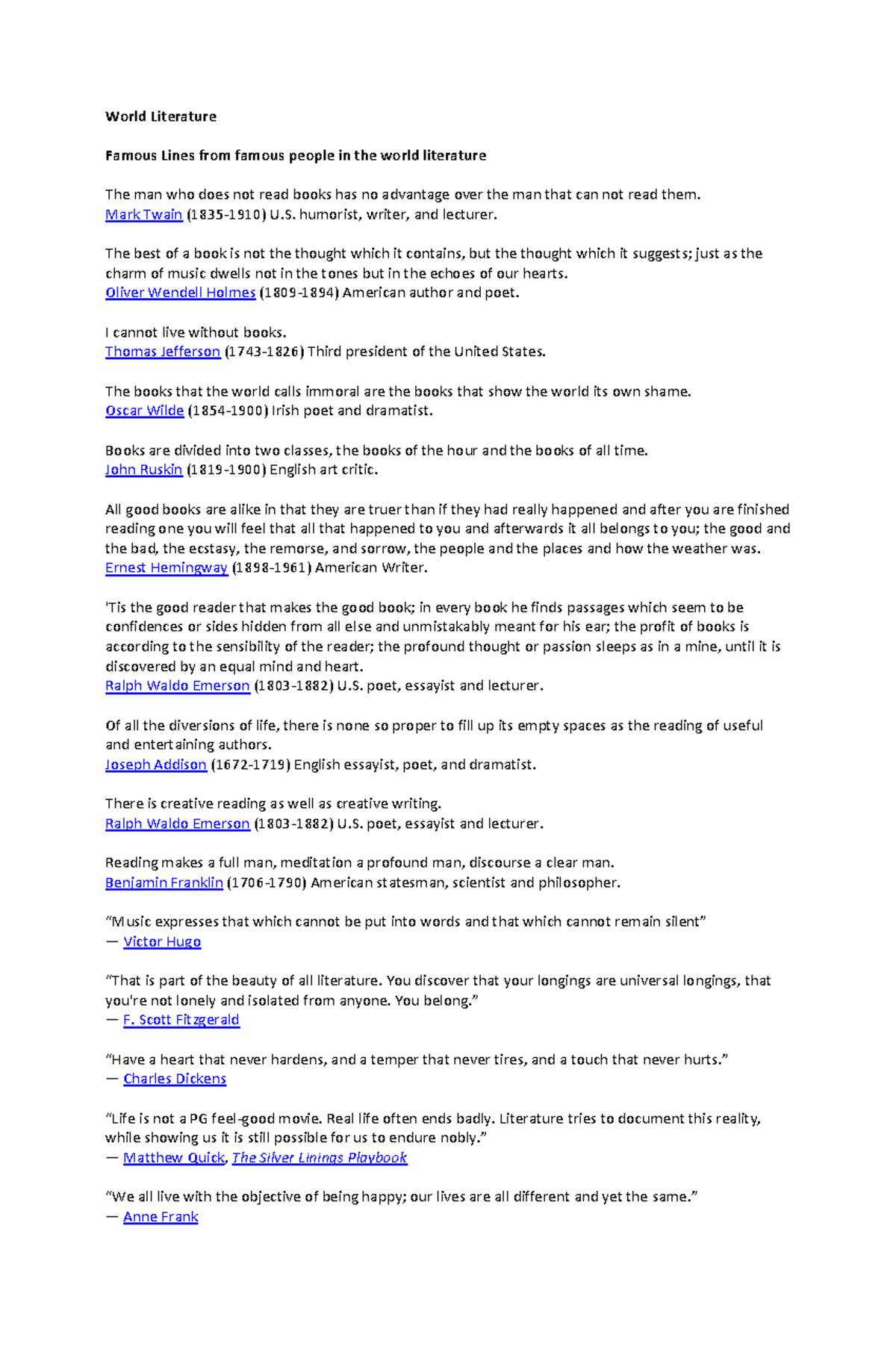 Literature of the World - World Literature Famous Lines from famous ...