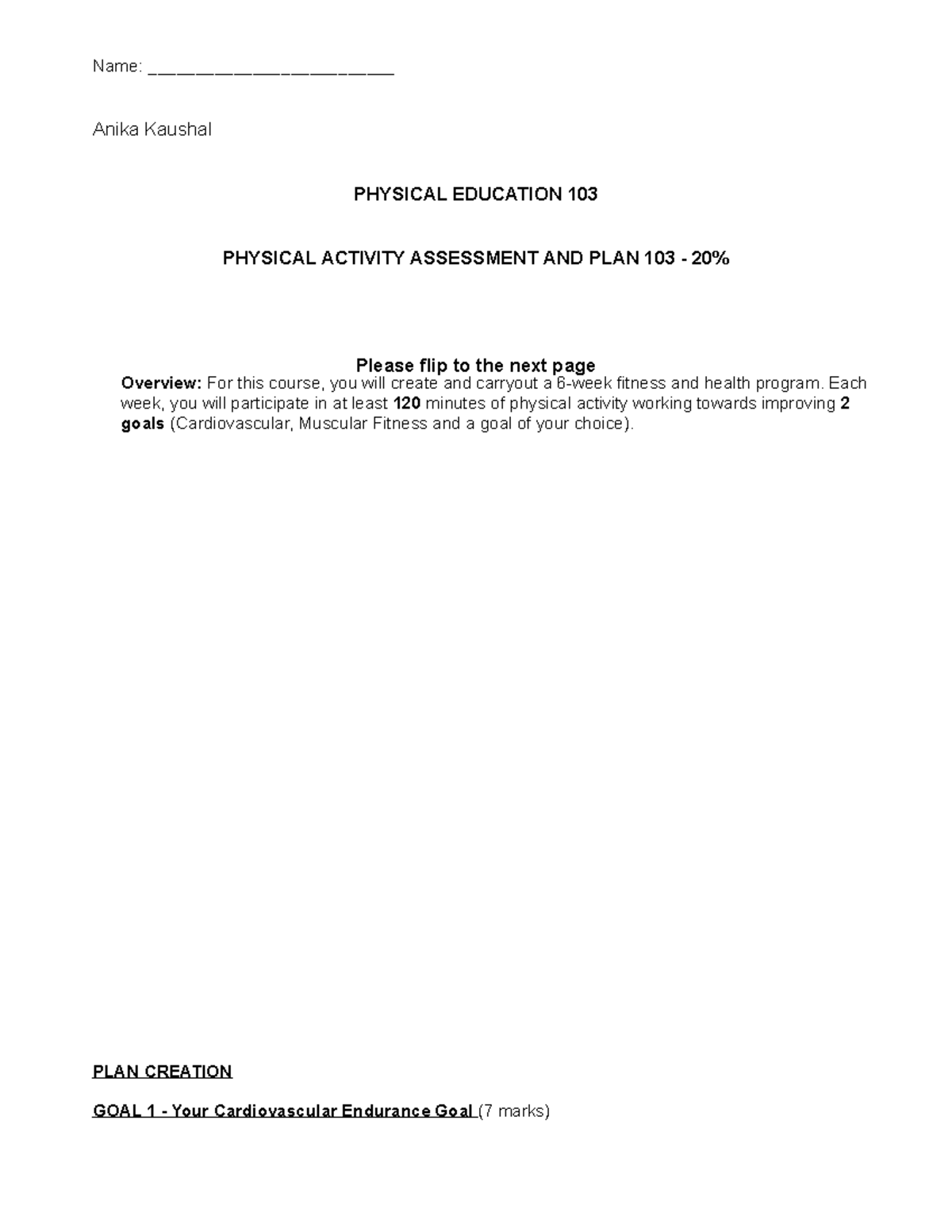 PHYSICAL ACTIVITY ASSESSMENT AND PLAN - Overview: For this course, you ...