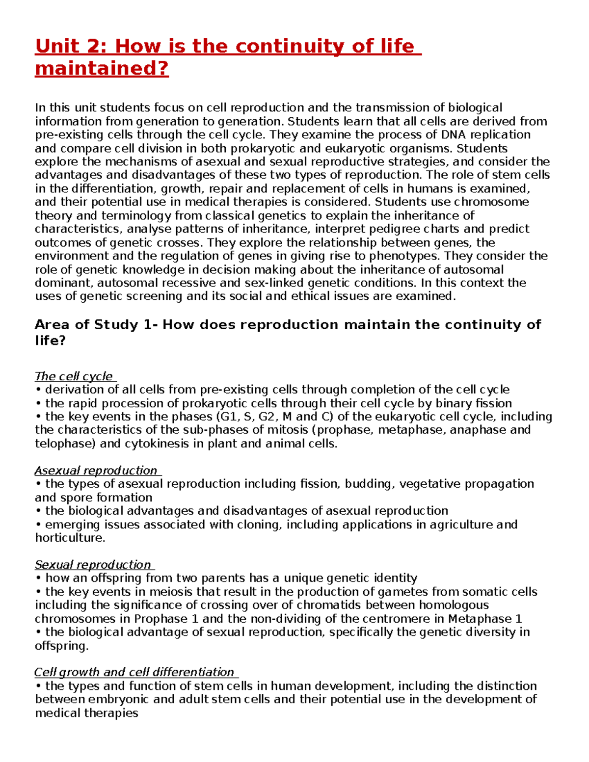 Unit 2 Biology Notes - Unit 2: How is the continuity of life maintained ...