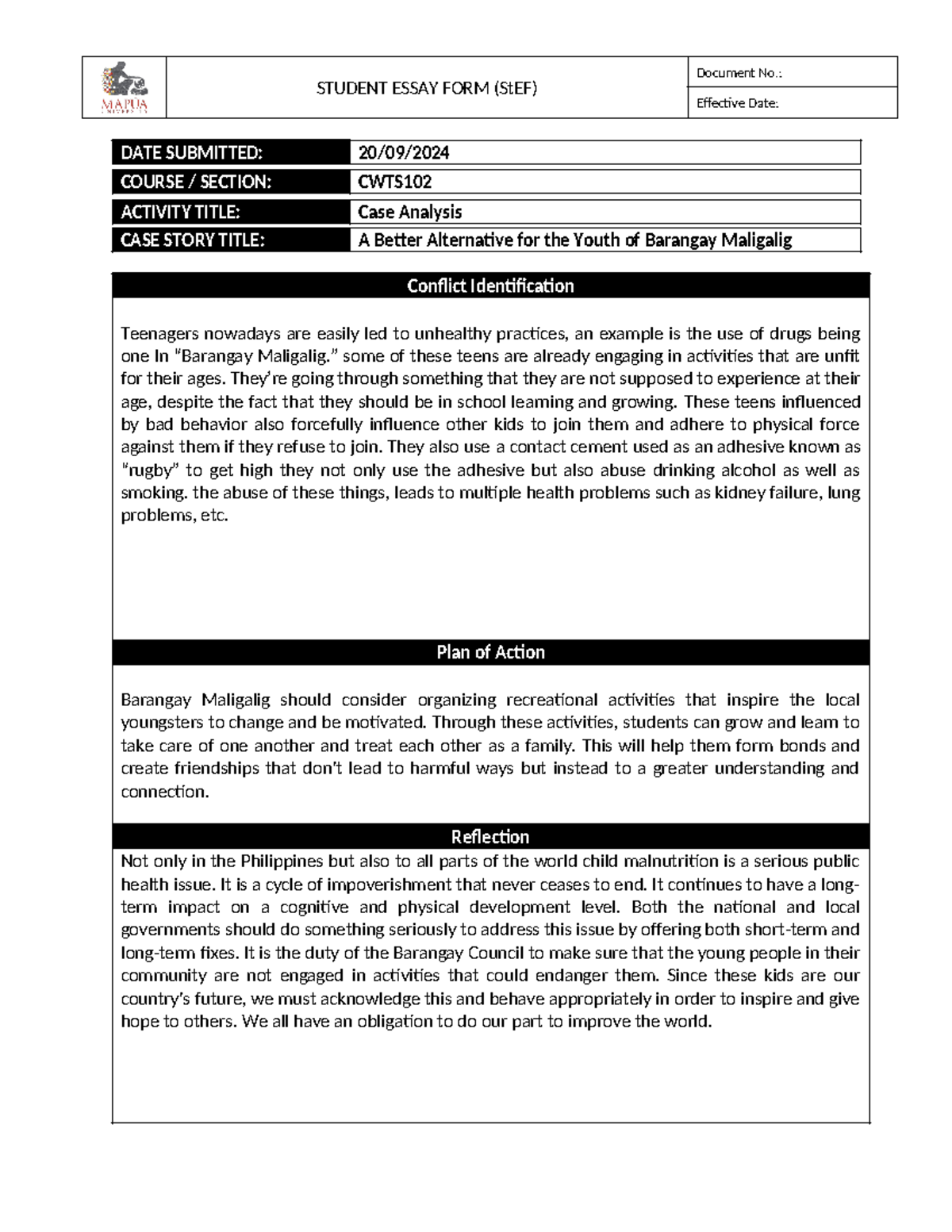 08-NSTP001-St EF-Case analysis Essay A Better Alternative for the Youth of Barangay Maligalig ...