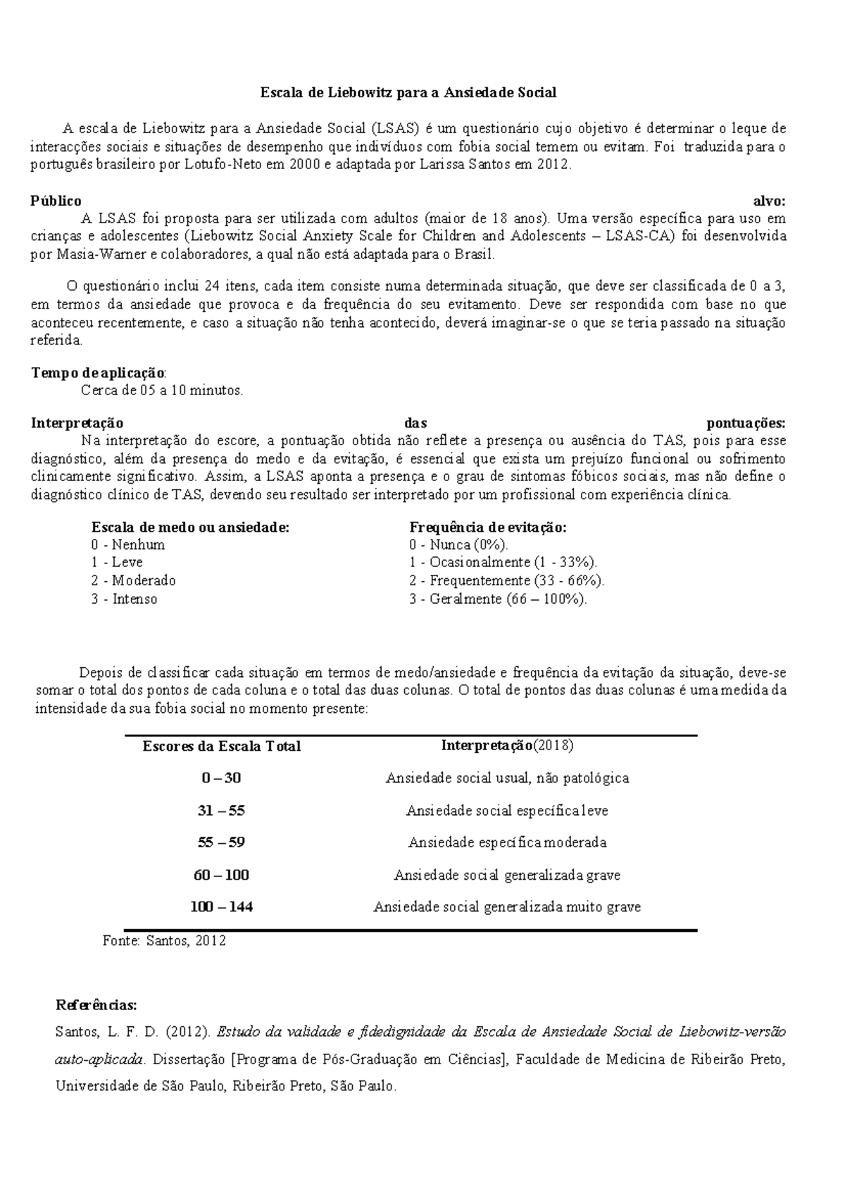 Ansiedade Social - Escala Liebowitz e correção - Escala de Liebowitz ...